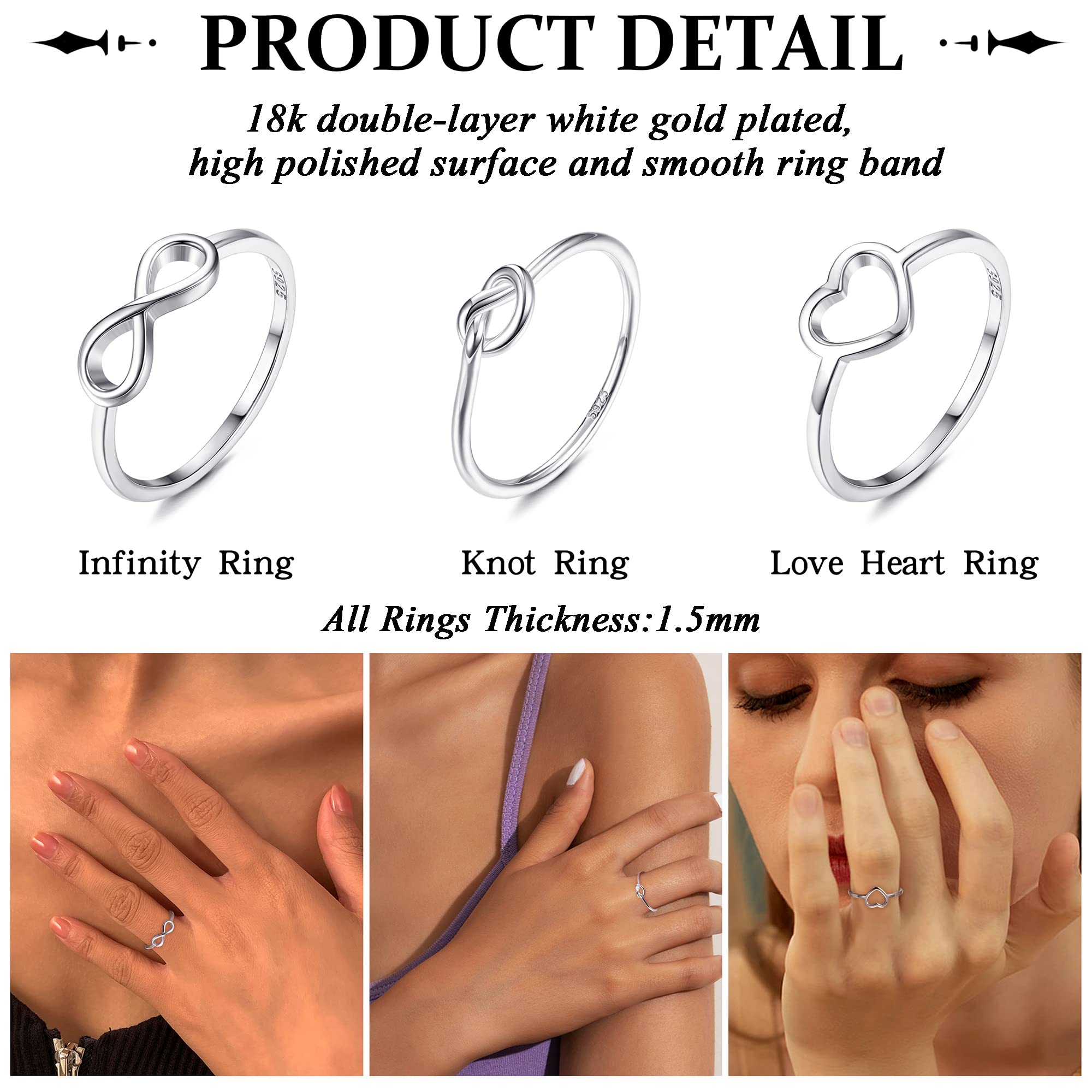 MILACOLATO 3Pcs Sterling Silver Rings - 18K White Gold Plated Infinity Knot Rings Simple Heart Rings Love Knot Rings for Women Size 10