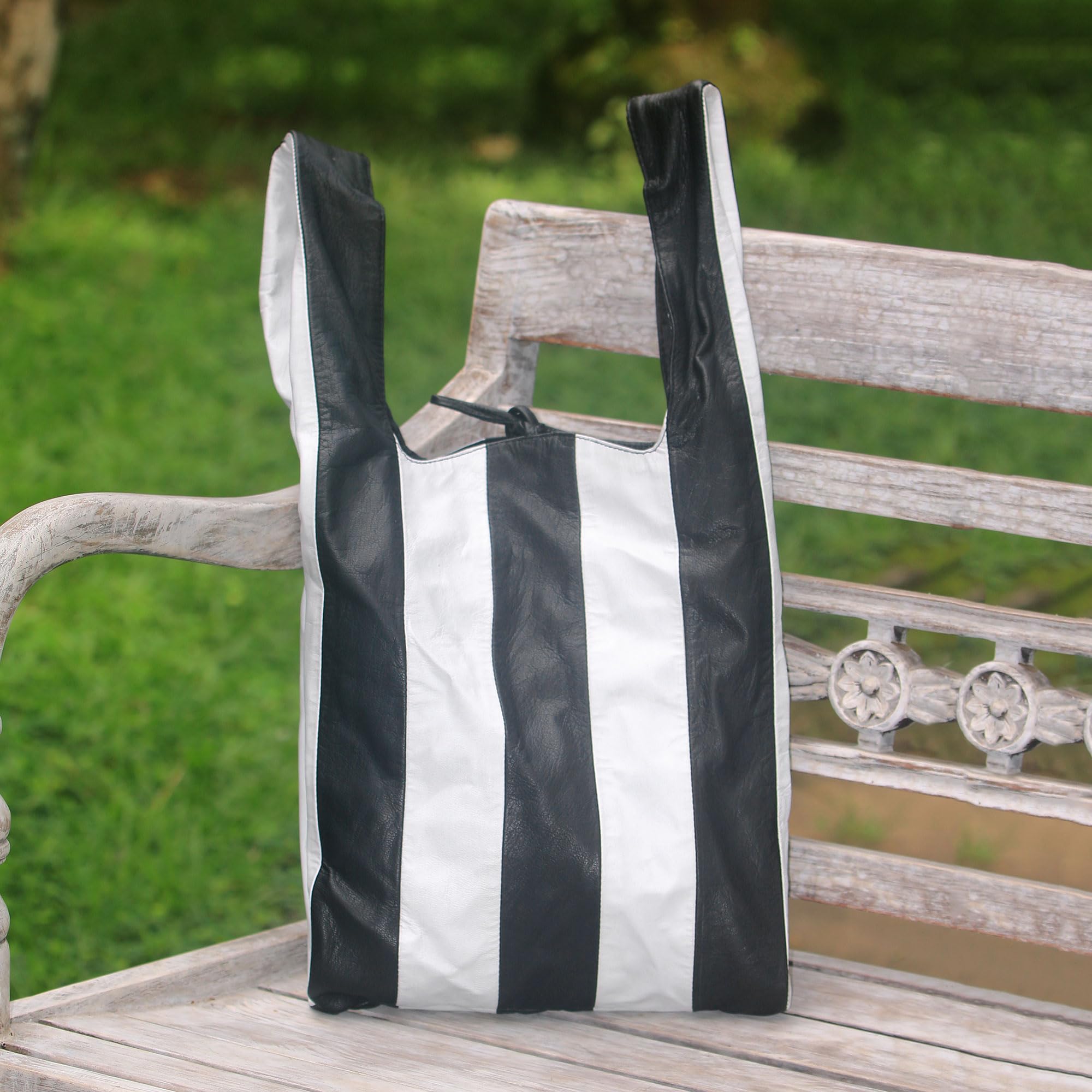 NOVICA Handmade Leather Tote Black White Striped from Bali Handbags Indonesia Modern 'Kresek Style'