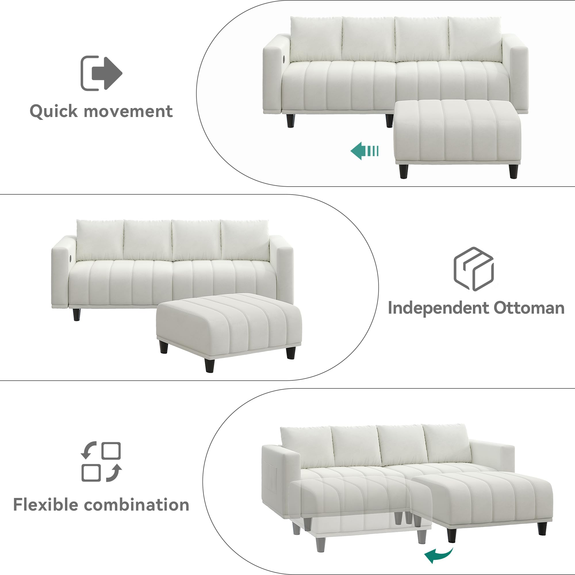 YITAHOME Cloud Couch Sectional Sofa with Ottoman, L Shaped Couch Velvet Comfy Modern 2 Seat Loveseat Sofa Convertible with USB & Type-C Ports for Living Room Apartment, Beige