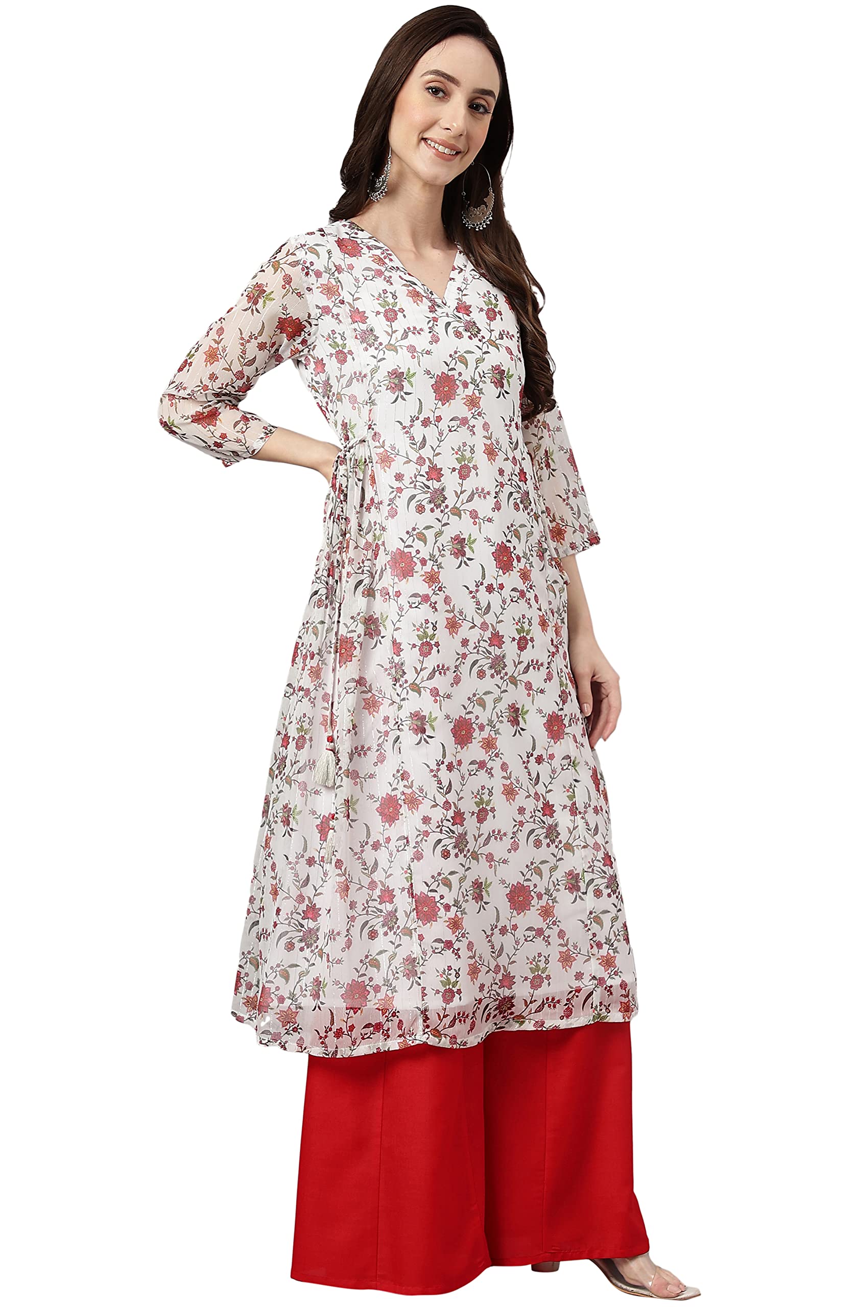 Janasya Indian Women's White Chiffon Lurex Floral Printed flared Kurta