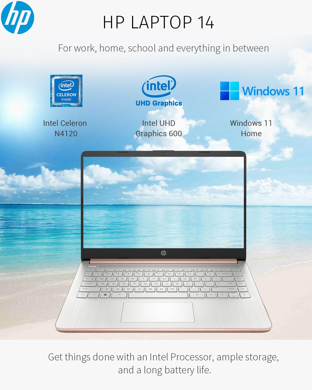 HP Newest Laptop Computer, 14β HD Light PC, Intel Quad-Core Celeron N4120, 8GB DDR4 RAM, 192GB Storage, 1-Year Office 365, Windows 11, Long Battery Life, Webcam, USB-C, Wi-Fi 5, HDMI, Rose Gold, PCM