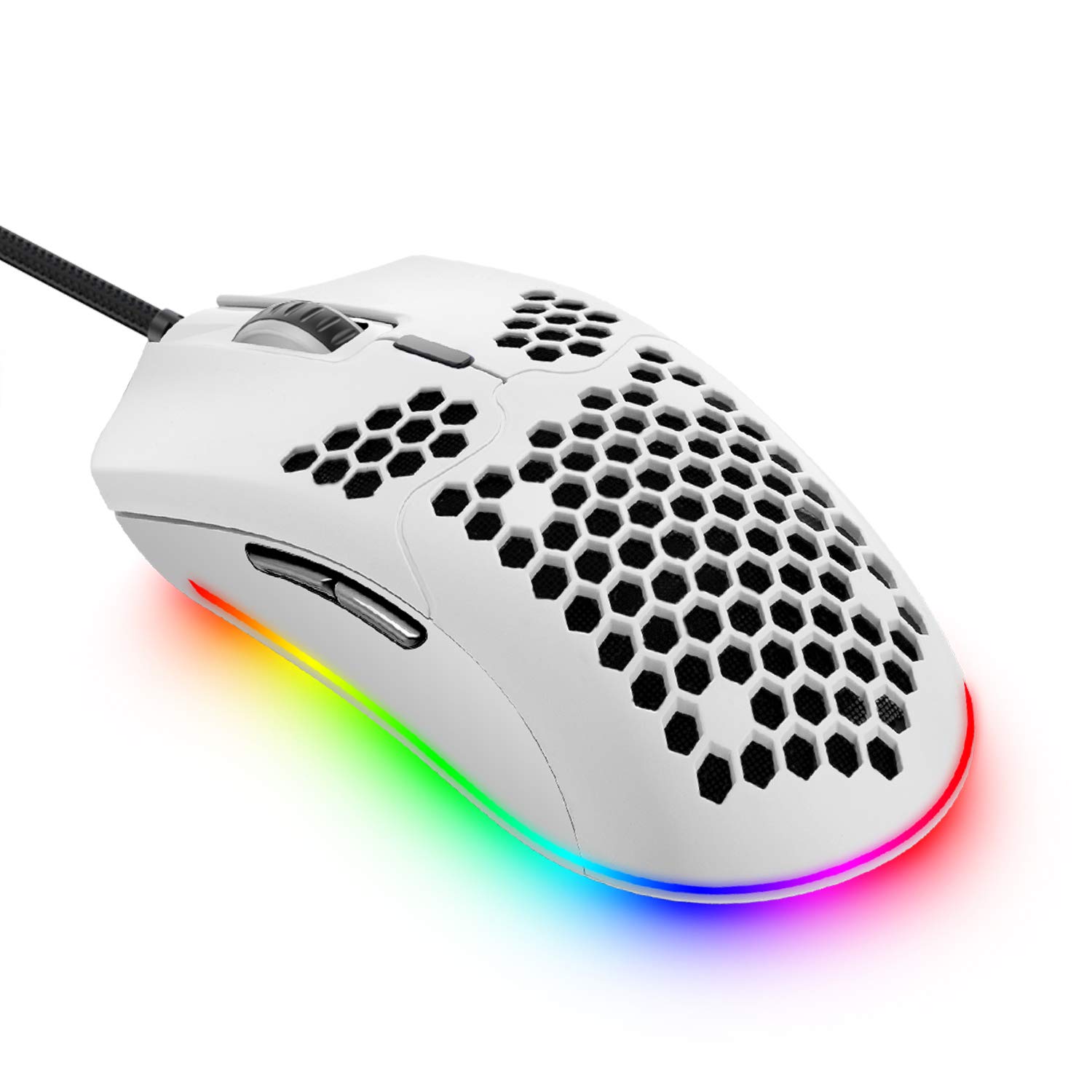 Lightweight Wired Gaming Mouse with 7 Button 26RGB Backlit Programmable Driver PAW3325 12000 DPI Optical Sensor Ultralight Ergonomic 65G Honeycomb Shell Ultraweave Cable for PC Xbox PS4 Gamer(White)