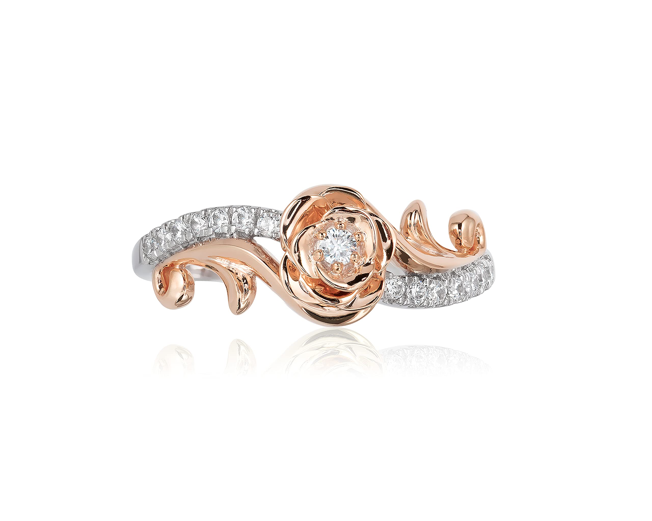 Jewelili Enchanted Disney Fine Jewelry 10k White and Rose Gold 1/5 Cttw Diamond Belle Rose Ring Size 8