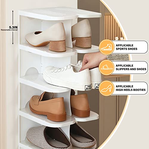 TXALWIQ 6-Tier Narrow Shoe Organizer, Adjustable Cubby Shoe Rack for Closet, Free Standing Shoe Slot Tower for Entrance, Stackable Space-Saving Shoe Storage Shelf for Entryway, White