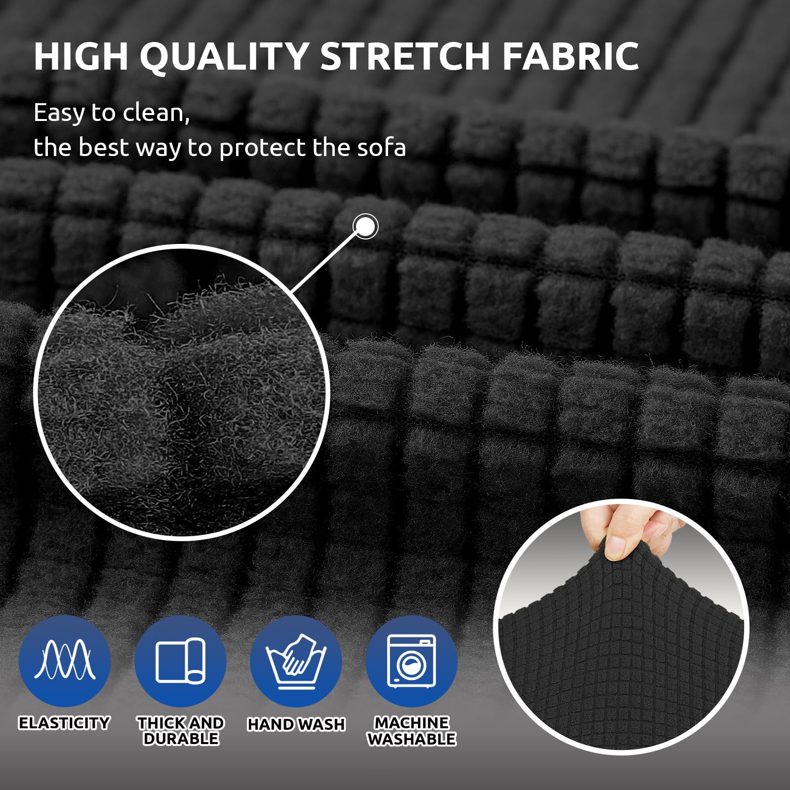 KEKUOU Stretch Sofa Cover Slipcover ,Couch Covers for 3 Cushion Couch Sofa pet Friendly (79"-94") Furniture Protector Sofa with Elastic Bottom for Kids,Dog, Jacquard Small Checked(Large,Black)