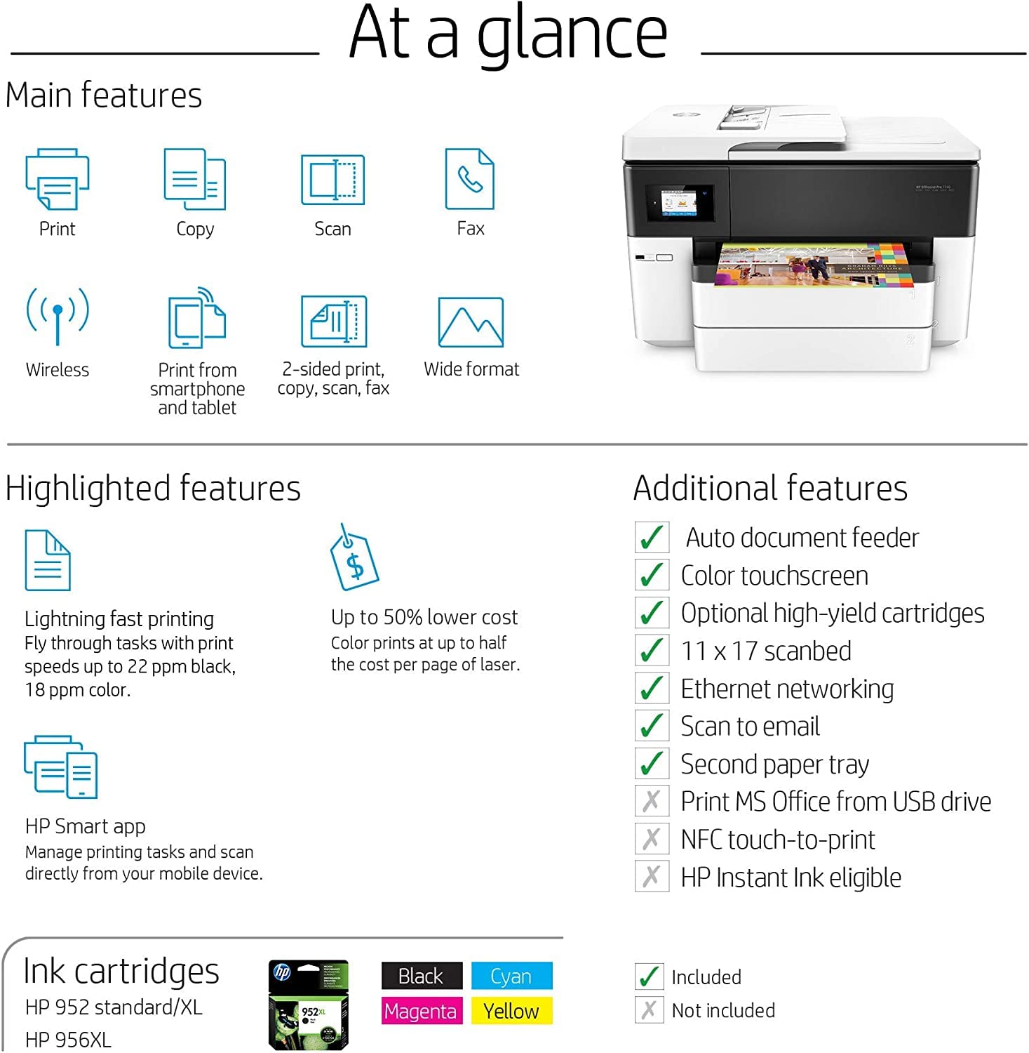 HP OfficeJet Pro 7740 Wireless Laser All-in-one Printer, Print Scan Copy Fax, Auto Duplex Printing, 2.65 Inch Color Touchscreen, 34 ppm, 250-Sheet, 35-Sheet ADF, Bundle with JAWFOAL Printer Cable
