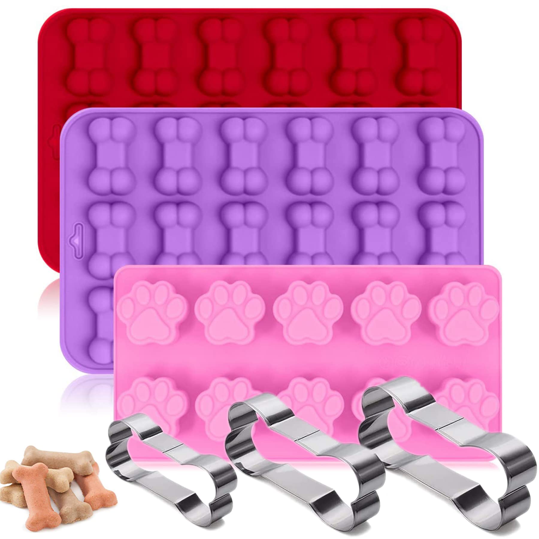 Set of 6,3Packs Silicone Molds Puppy Dog Paw & Bone Shaped and 3 Packs Stainless Steel Bone Cookie Cutter,for Homemade Treats and Cat Animal Paw Ice Candy Chocolate Baking Mold