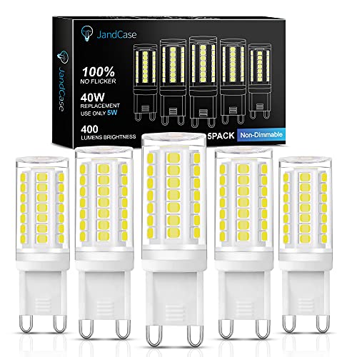 JandCase G9 LED Light Bulbs 5W, 40W Halogen Equivalent, 6000K High Brightness 400LM, G9 Base, Non-Dimmable, Flicker-Free, Daylight White for Home Lighting, Chandeliers, Household Applications, 5 Pack