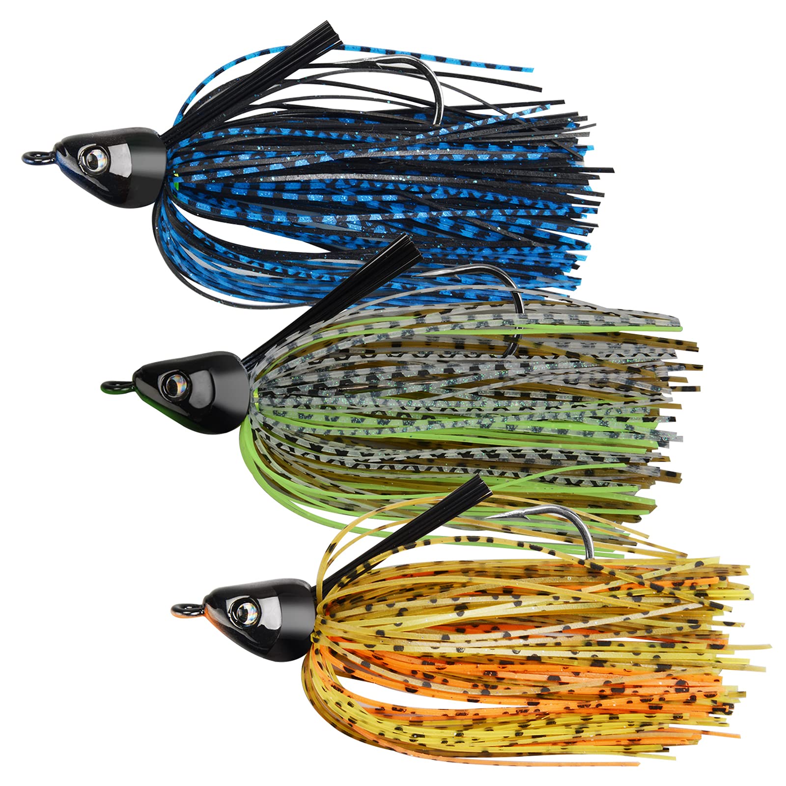 MadBite Swim Jig Fishing Lures, Heavy Brush Guard, Silicone Skirt, Sticky-Sharp Heavy-Wire Needle Point Hooks, Popular 3/8 oz Sizes, 3 pc Multi-Color Kits, includes Storage Box, Muddy Water