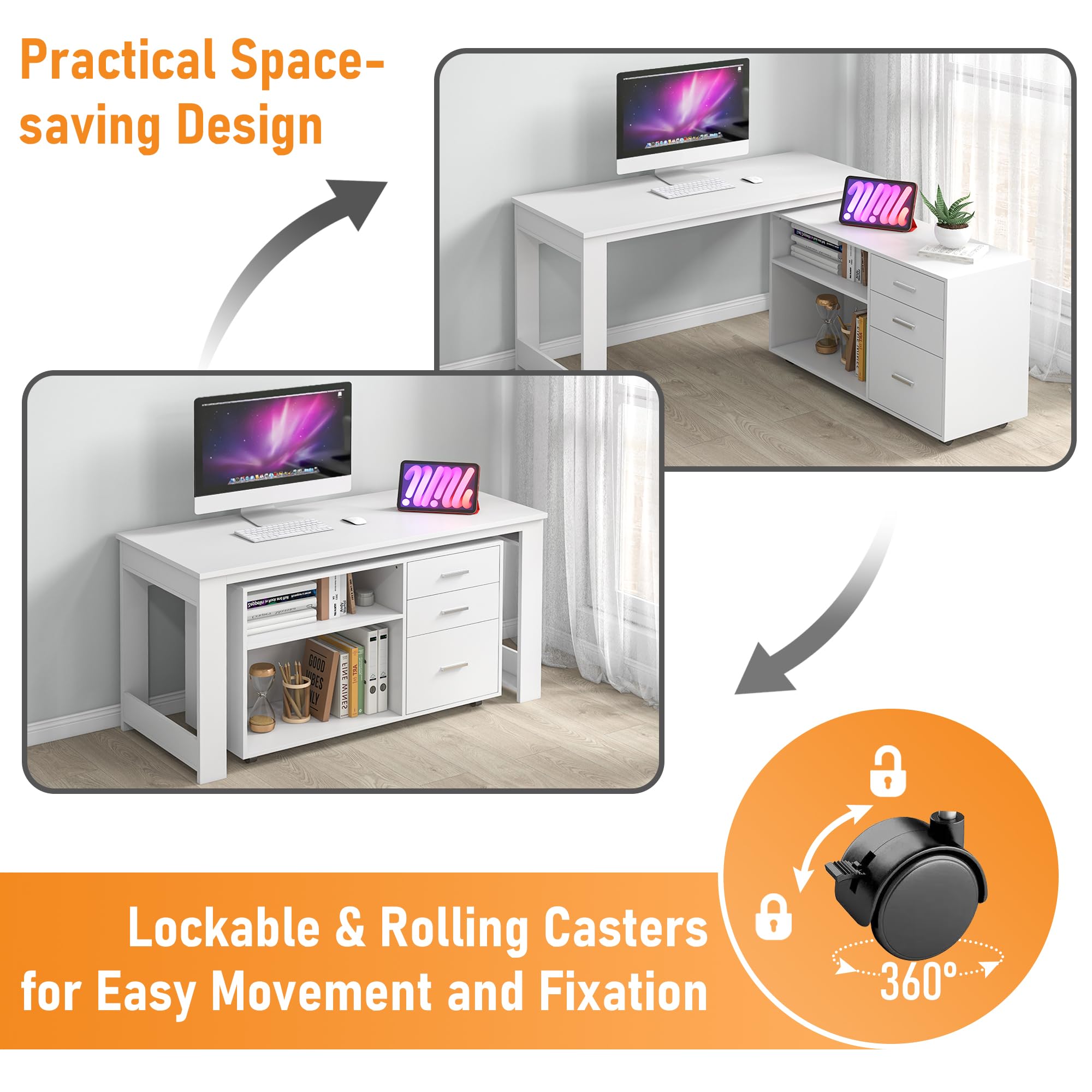 IdeaKey White L Shaped Desk with Drawers, Corner Desk with 3 Drawers and 2 Open Shelves, Computer Desk with Storage File Cabinet, Executive Desk for Home Office Workstation, Bedroom, 55 inch