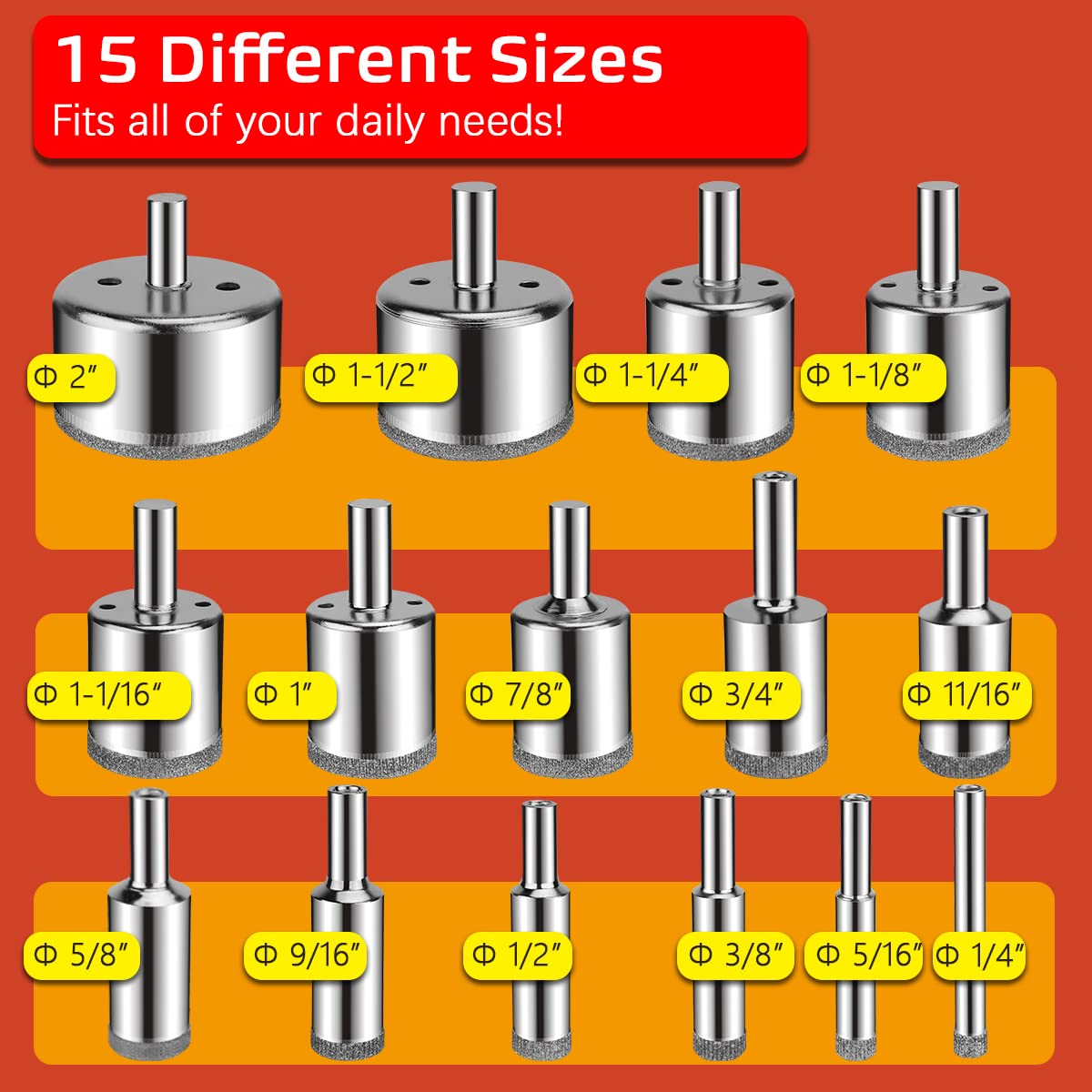 Rokrou Diamond Hole Saw Set 15 PCS Tile Hole Saw Kit with Drill Guide from 6mm-50mm /1/4ββ- 2β for Ceramic,Glass,Porcelain,Marble