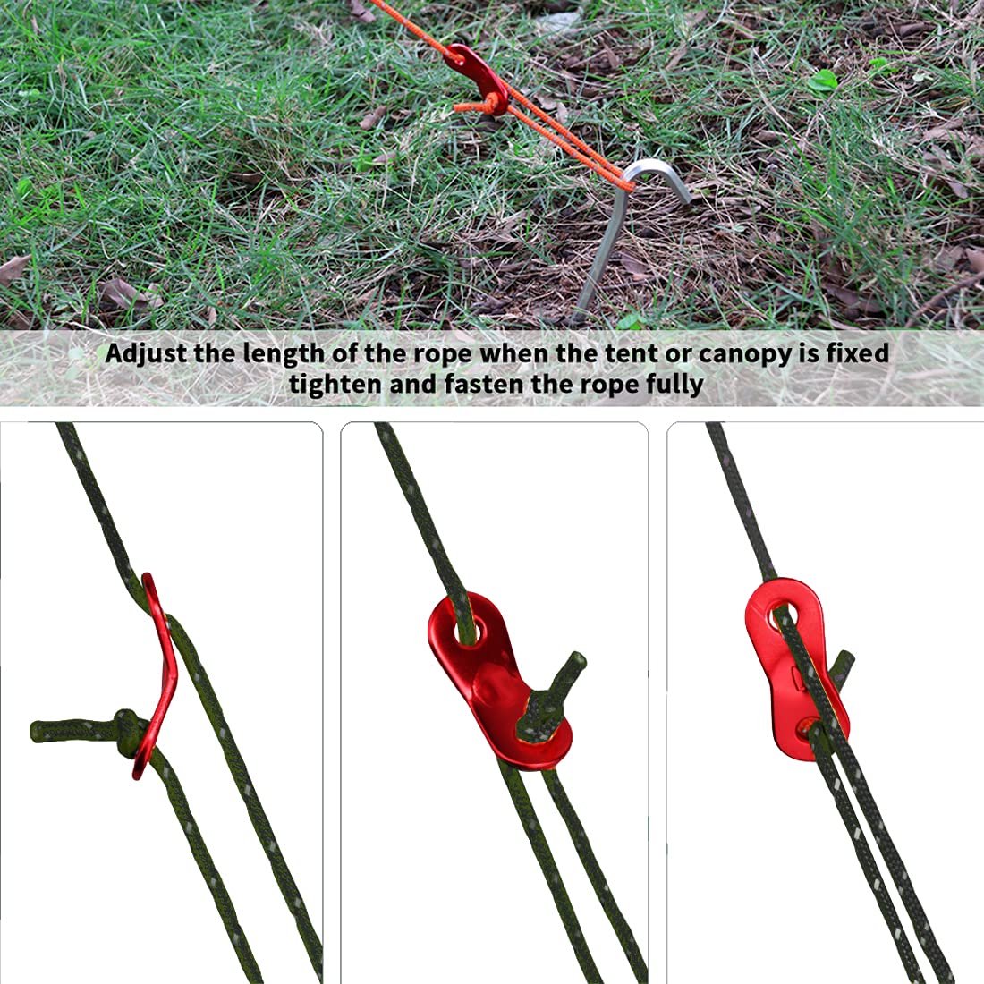 KRATARC Outdoor Camping Tent Stake Pegs with Guyline Guy Rope Adjuster Tensioner Backpacking Hiking (Black- 8PCS)