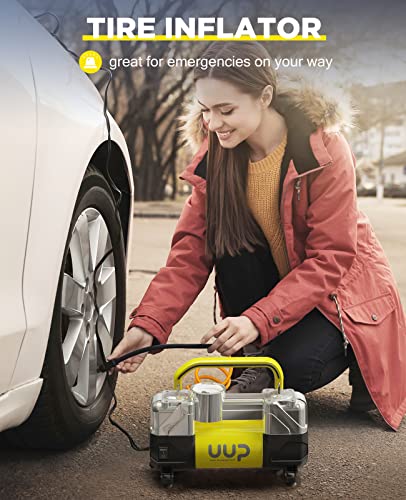 UUP Tire Inflator Air Compressor, 150PSI 12V DC Double Cylinders Heavy Duty Portable Air Pump w/Emergency LED Light for Truck, SUV, Car, RV