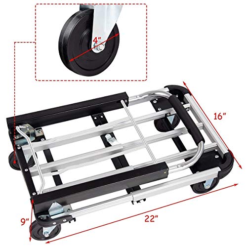 HWZQHJY Folding Aluminum Platform Truck, 4-Wheel Dolly Cart, Height and Length Adjustable, 330-lb Capacity, Silver