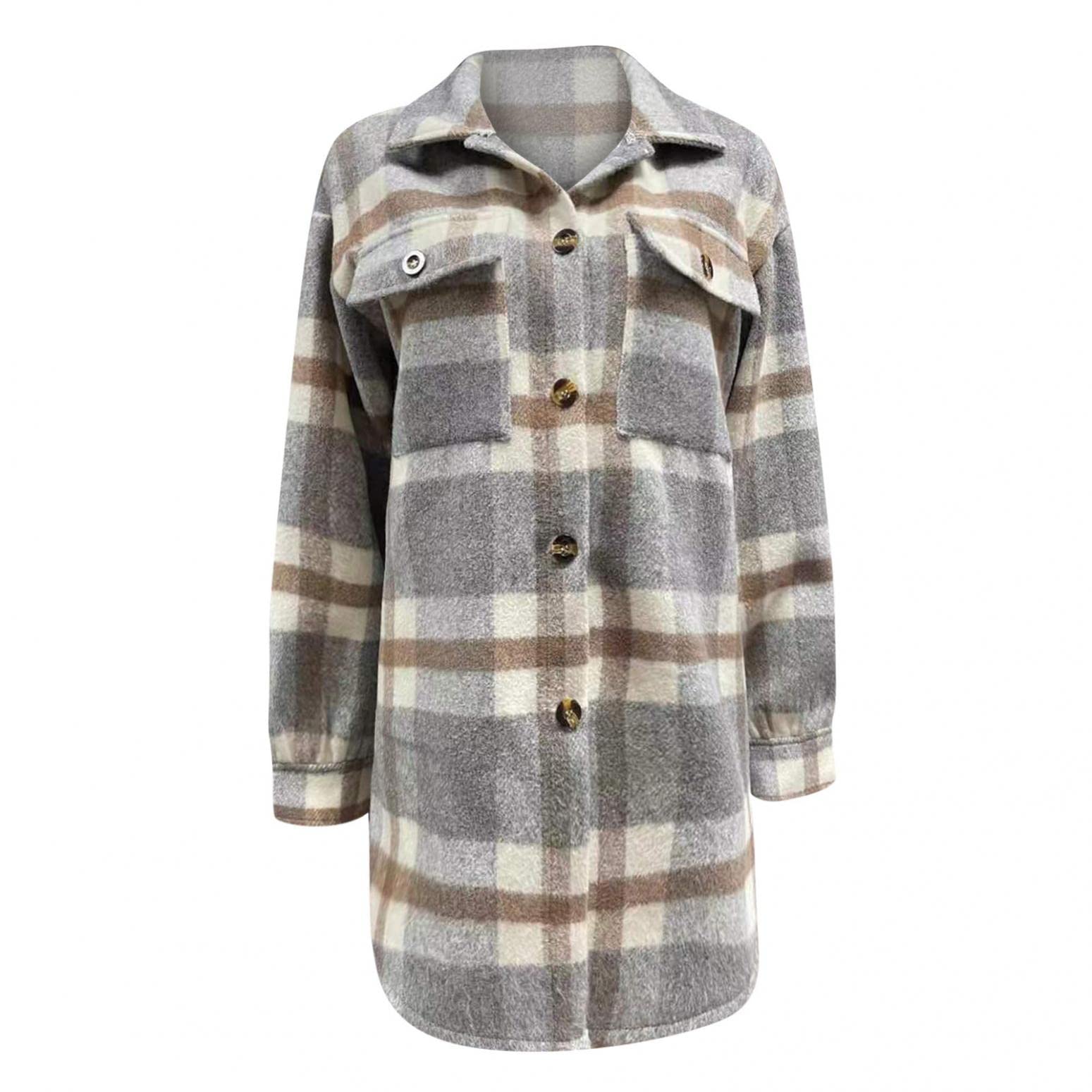 Mingleigo Womens Winter Coats Women's Plaid Brushed Shirt Jacket Flannel Shacket Button Loose Thickened Coat Plaid Shacket Womens-H8, X3-gray