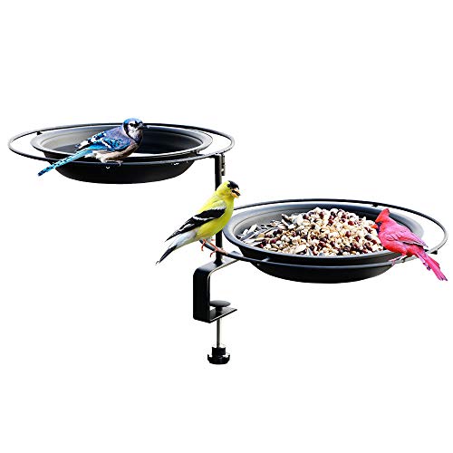 Solution4Patio Expert in Garden Creation Urban Apartment Deck Rail Bird Feeder & Bird Bath, Balcony Platform Removable Metal Tray 8" Dia, Not Blowing Away, Adjustable Clamp Bracket #G-B124A00-US