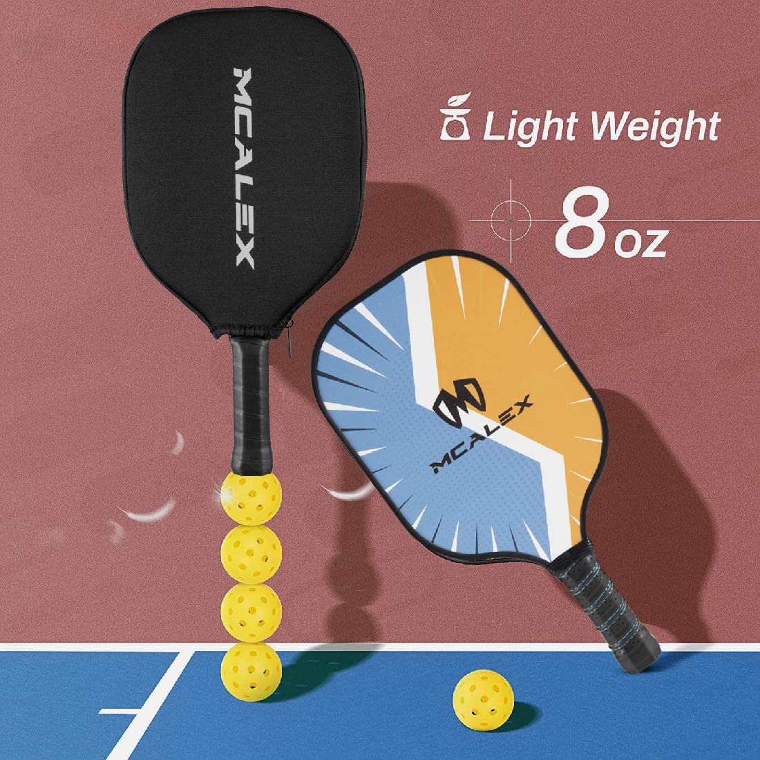 MCALEX Graphite Pickleball Paddles, Graphite Carbon Fiber Surface with Cushion Comfort Grip Easy to Hold, 8.2 Ounces, for Indoor and Outdoor (Orange/Blue)