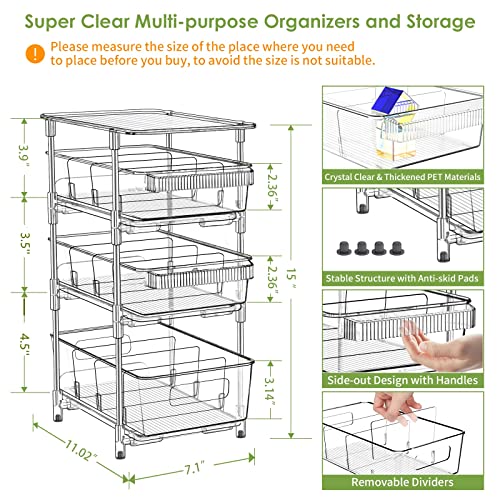 YOOMIDDA Bathroom Storage Organizer with Dividers, Multi-Purpose Kitchen Under Sink Organizers and Storage Slide-Out, Closet Organization, Kitchen Pantry Cabinet Medicine Bins (4 Tier)