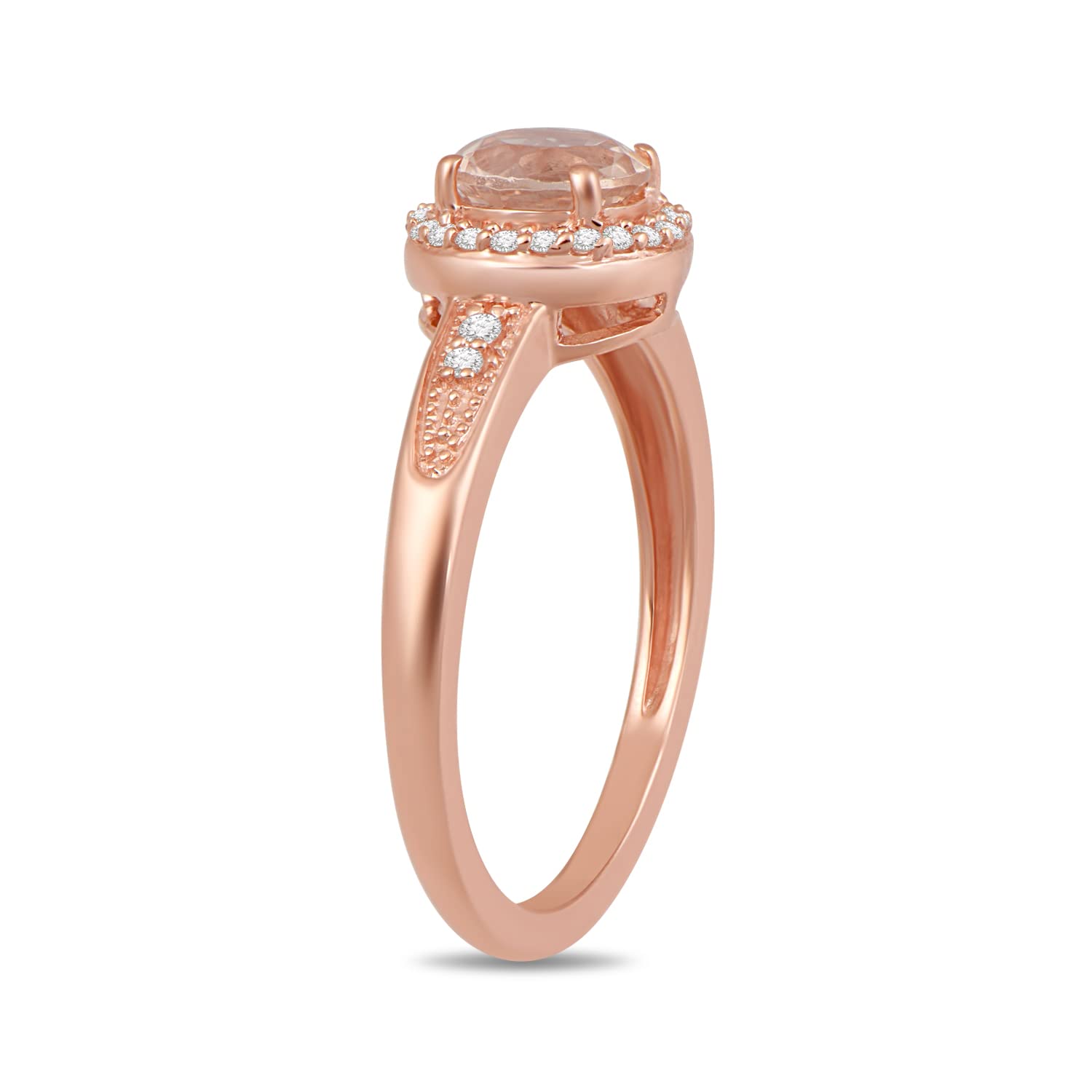 Jewelili Rose Gold over Sterling Silver 6x4 MM Round Shape Simulated Morganite and Cubic Zirconia Halo Ring, size 7