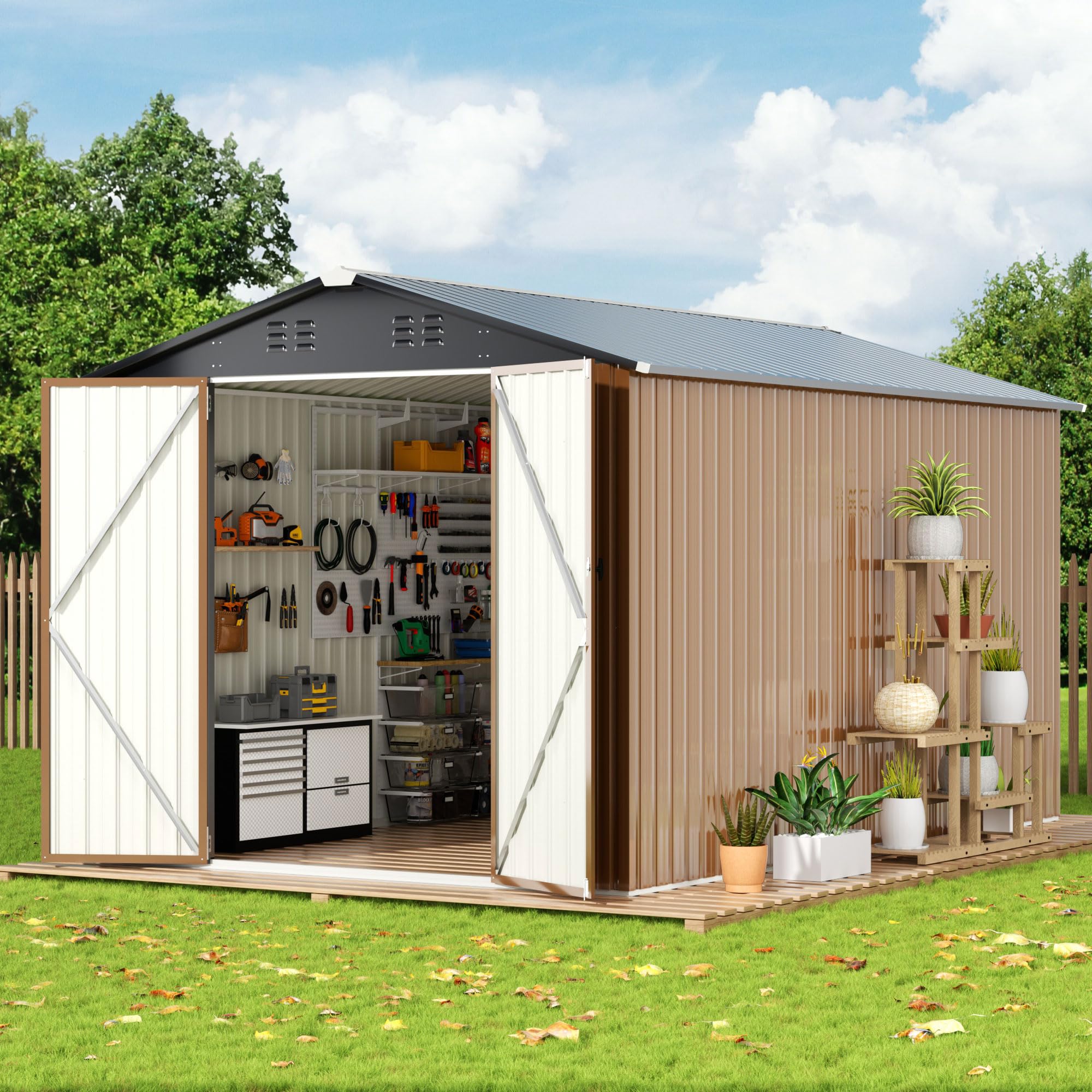 WKM Outdoor Storage Shed 8x12 FT, Utility Metal Tool Storage with Lockable Doors and Updated Frame Structure, Large Metal Garden Shed for Backyard, Patio Lawn, Brown