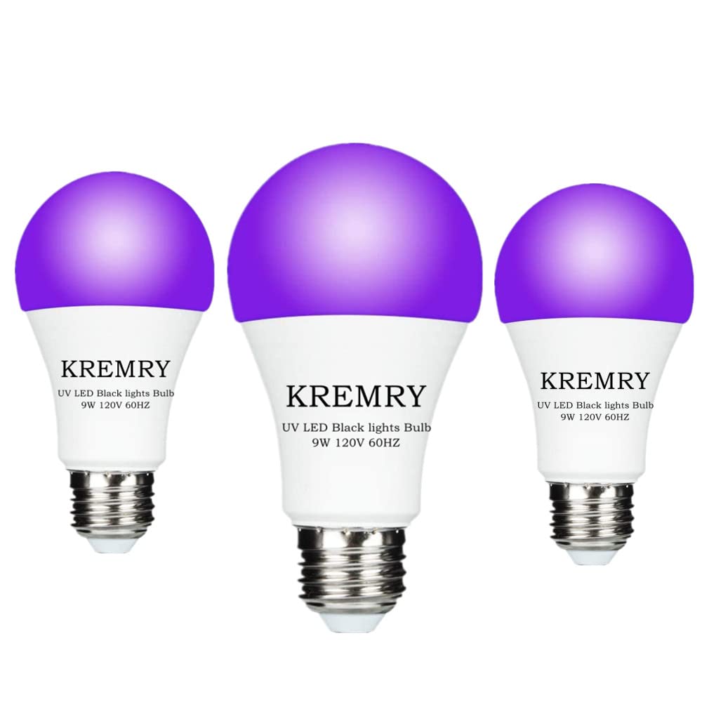 KREMRY UV LED Black Light Bulb, UVA Level 390-400nm,E26 Medium Base A19 Blacklight 9W (75Watt Equivalent) 100-240V, Glow in The Dark for Blacklight Party, Neon Glow,Fluorescent Poster-3Pack
