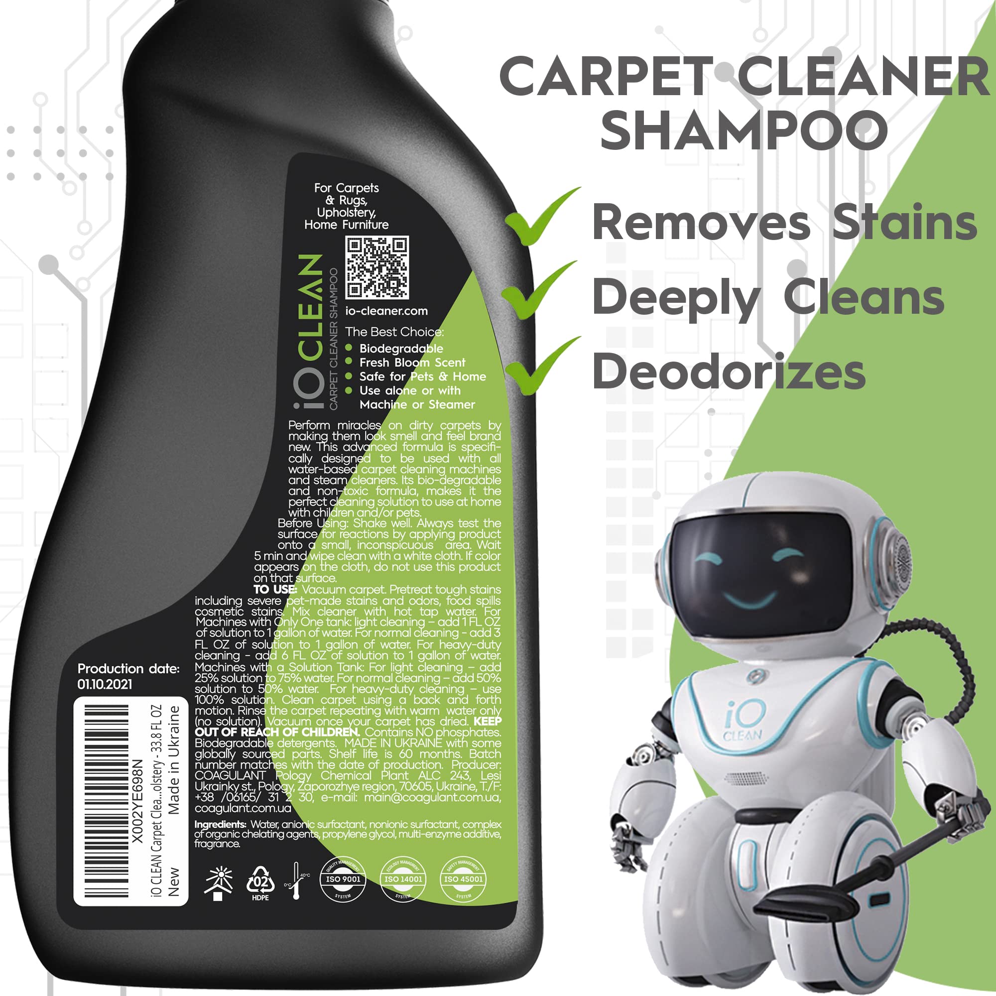 iO CLEAN Concentrate Carpet Cleaner Shampoo (33.8 FL OZ) – Deep Cleaner & Deodorizer – Alone or Machine Use – Stain Remover and Odour Eliminator – For Carpets Rugs and Upholstery