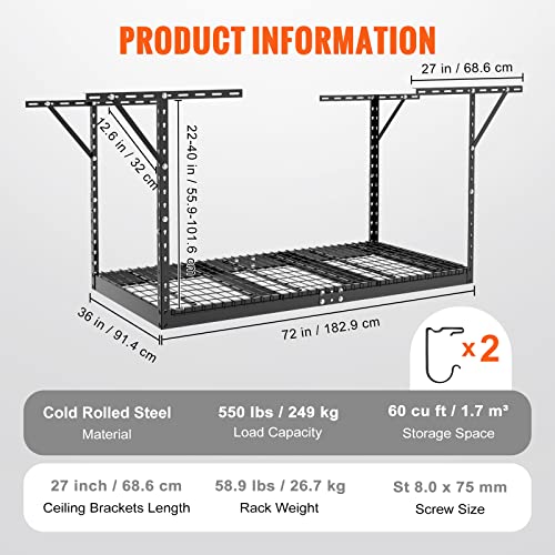 VEVOR Overhead 3x6 Garage Ceiling Storage Racks, Heavy Duty Adjustable Cold Rolled Steel Racks for Garage Storage, Organization, 550 lbs Load Capacity, 22''-40"