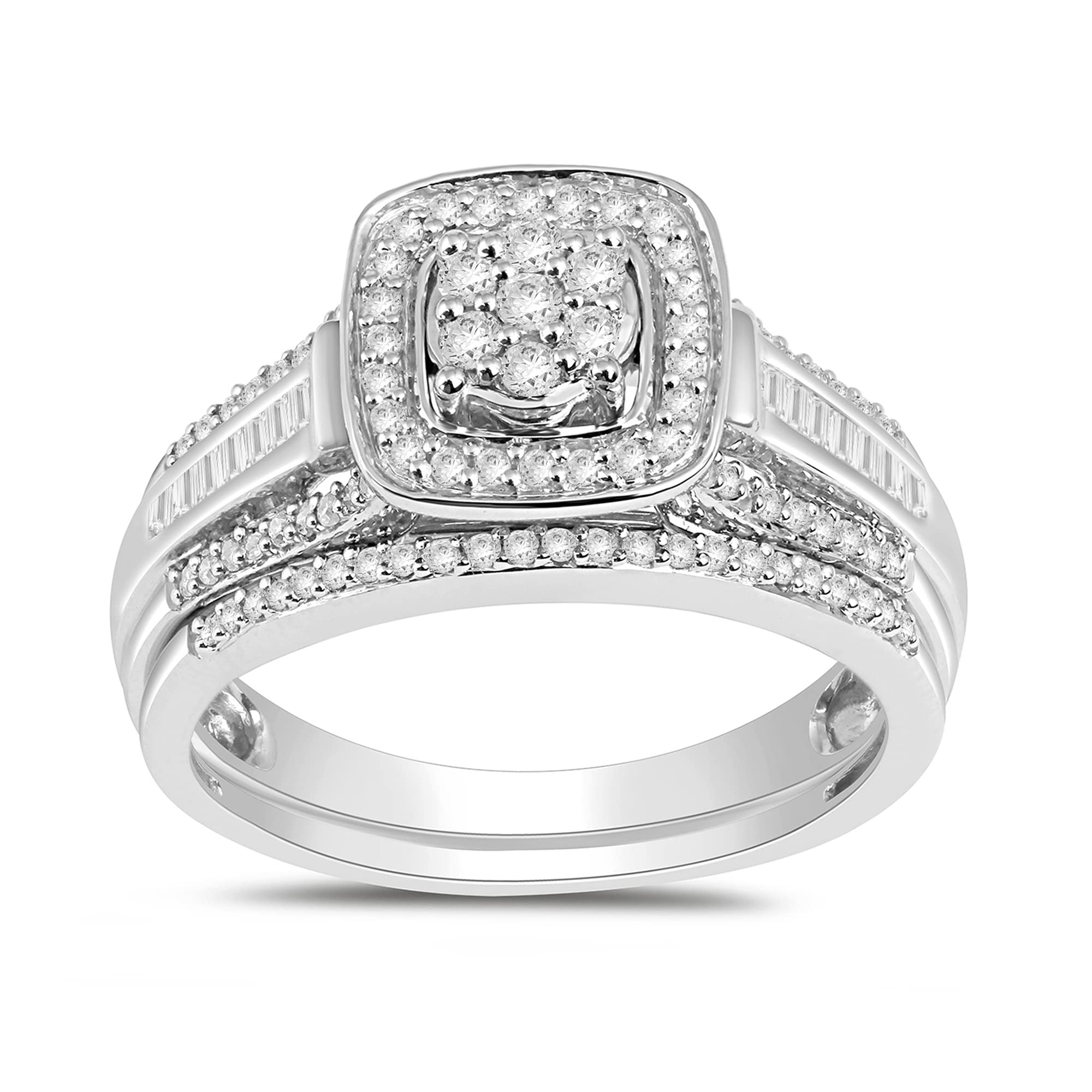 Jewelili Sterling Silver 1/2 Cttw Natural White Round and Baguette Diamond Bridal Ring, Size 7