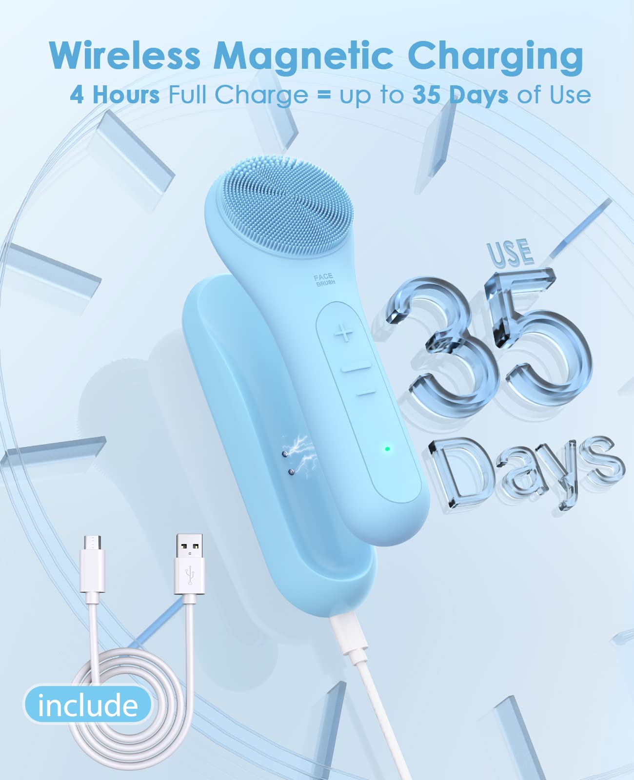 Sonic Silicone Face Scrubber for Sensitive Skin Waterproof Electric Facial Cleansing Brush with Base, Jack&Rose Inductive Charging Face Exfoliator Brush—Sky Blue