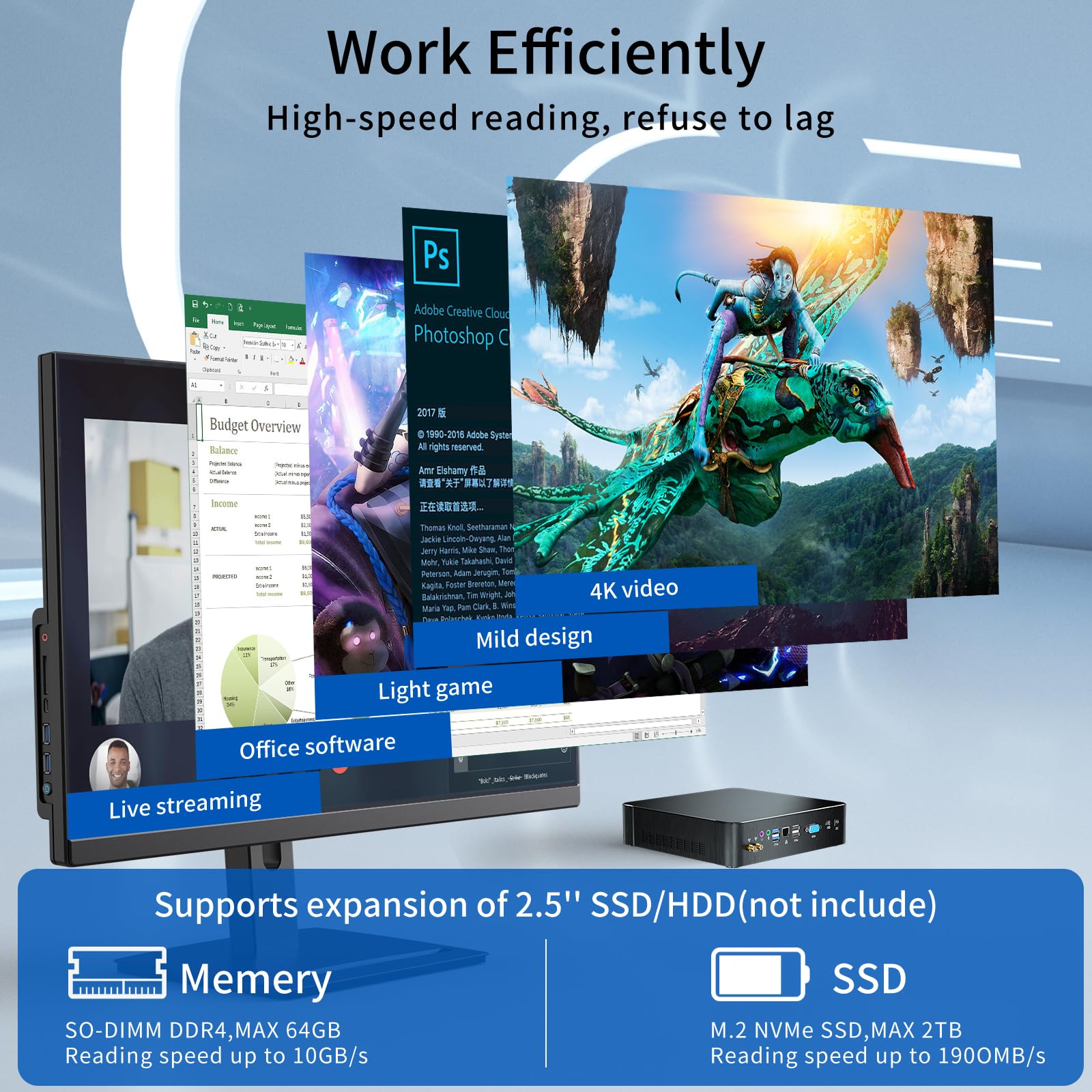 Kinupute Mini PC i9, Desktop Computer i9-10885H 2.4-5.3GHz, Windows 11 Pro, 32G DDR4, 1T NVME SSD, 4K@60Hz HDMI, VGA Port, USB3.0, WiFi6, BT5.1, Gigabit Ethernet for Business/Education/Office/HTPC