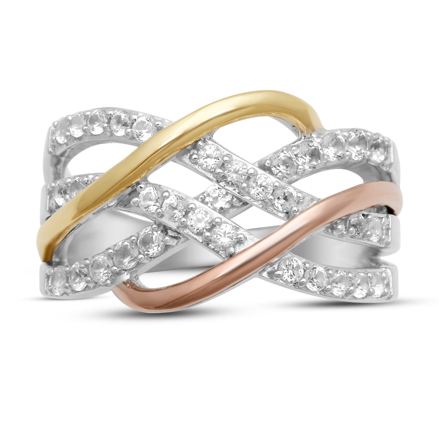 Jewelili Sterling Silver with 10K Rose and Yellow Gold 1.5MM and 1.7MM Round Created White Sapphire Engagement Ring, Size 7