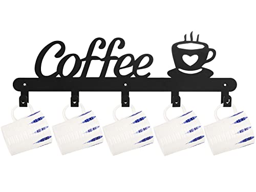 TOPZEA Coffee Mug Holder Wall Mounted, Metal Coffee Mugs Hanger Display Rack with 5 Hooks, Hanging Cup Storage Organizer Decorative Coffee Sign Decor for Kitchen, Coffee Bar Station Accessories