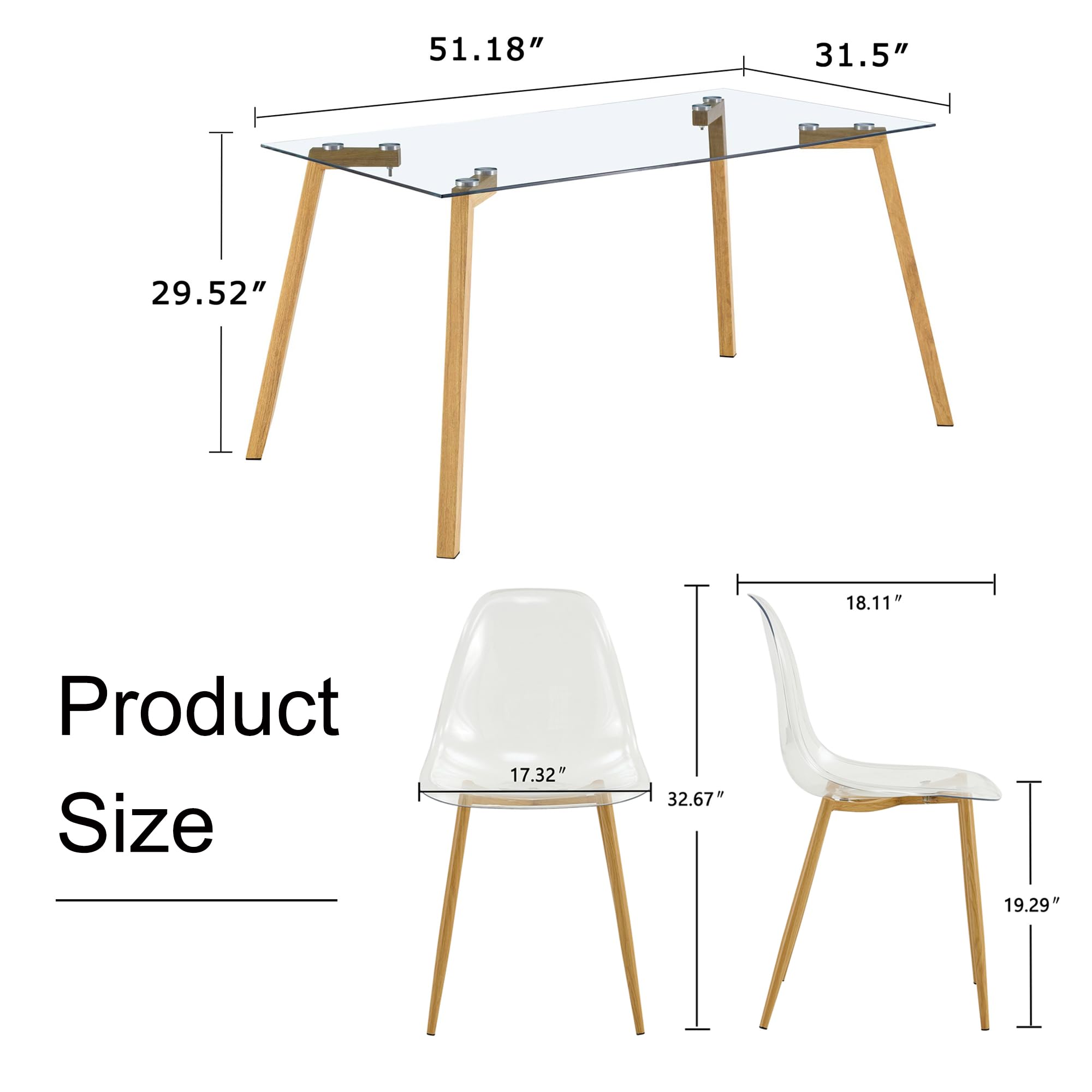 Henf Transparent Dining Table Set for 4 Persons,5-Piece Dining Table Set with 4 Plastic Chair for Kitchen Dinette,51'' Glass Dining Room Table and Chair Set,Breakfast Nook w/ 4 Chairs (Light Brown)