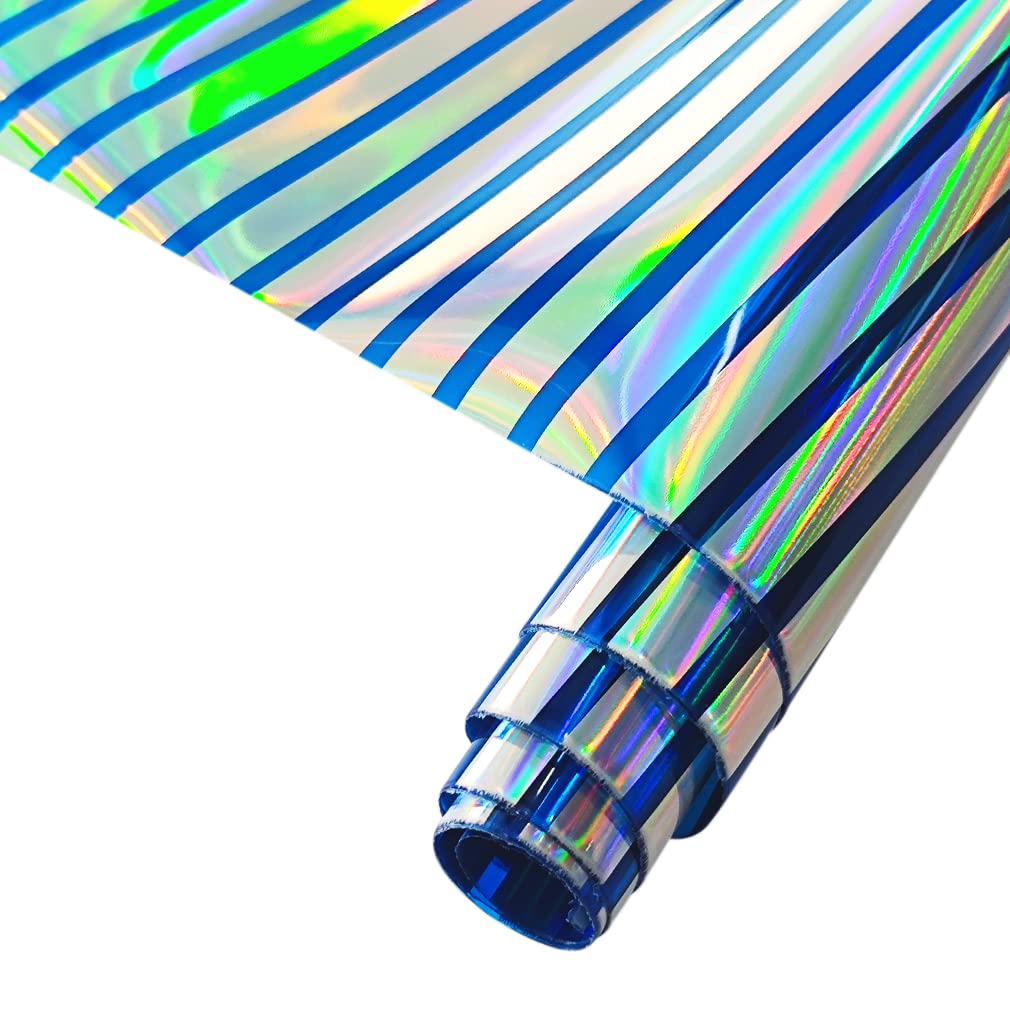 HYANG Laser Stripes Transparent Blue PVC Faux Leather 1 Roll 12"X53"(30cmX135cm), PVC Leather Very Suitable for Leather Earrings, Bows, Handbag , Mat Bag ,Crafts Making