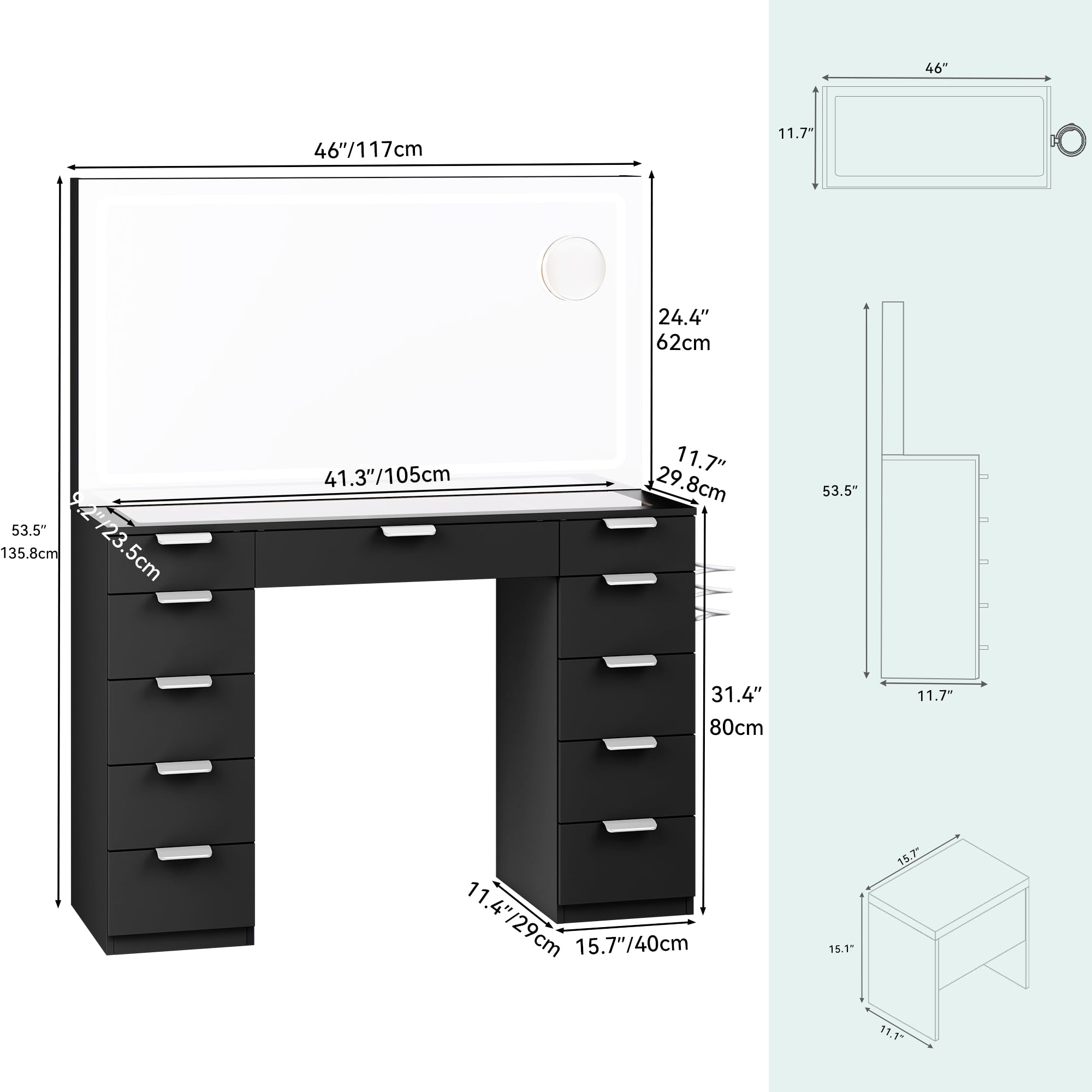 YITAHOME Vanity Desk with Large LED Mirror, Charging Station, 11 Drawers, Makeup Vanity with Tempered Glass Top, Storage Bench, 3-Color Adjustable Lighting