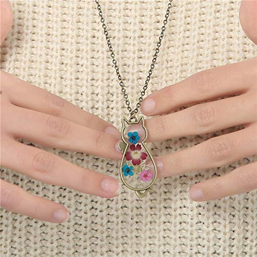 Jude Jewelers Retro Vintage Cat Shape Dry Flower Charm Pendant Necklace (Gold)