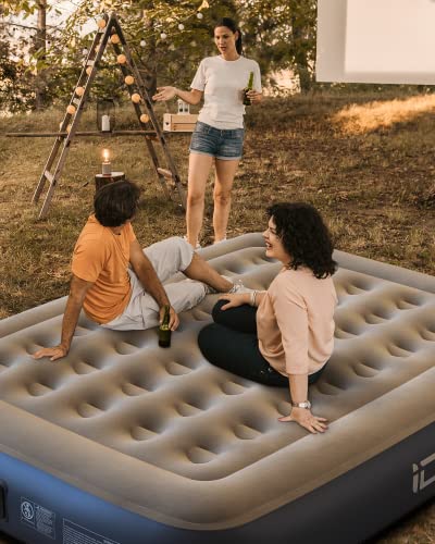 iDOO Queen Size Air Mattress, Inflatable Airbed with Built-in Pump, 3 Mins Quick Self-Inflation/Deflation, Comfortable Top Surface Blow Up Bed, 80x60x13in, 650lb MAX, Grey, (I-C-018)