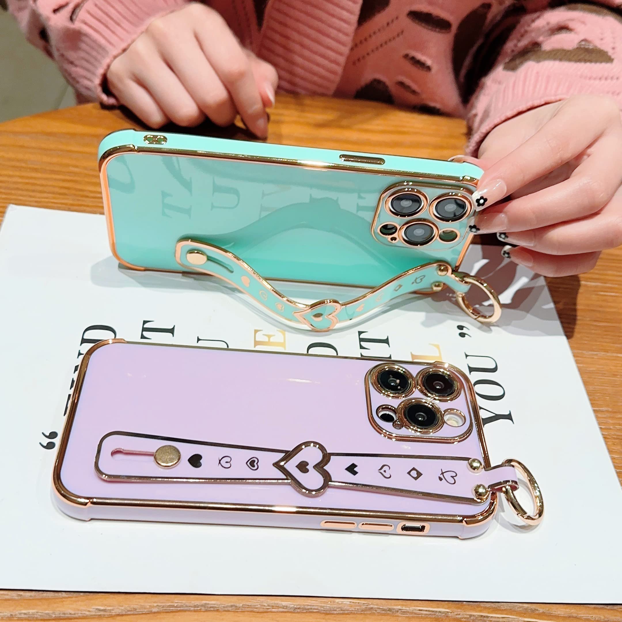 IDweel for iPhone 13 Pro Max Case with Adjustable Wristband Strap Kickstand Loop Heart Luxury Plating,Raised Corners Bumper Shockproof Slim Fit Durable Cover for Women Girls,Rose Gold