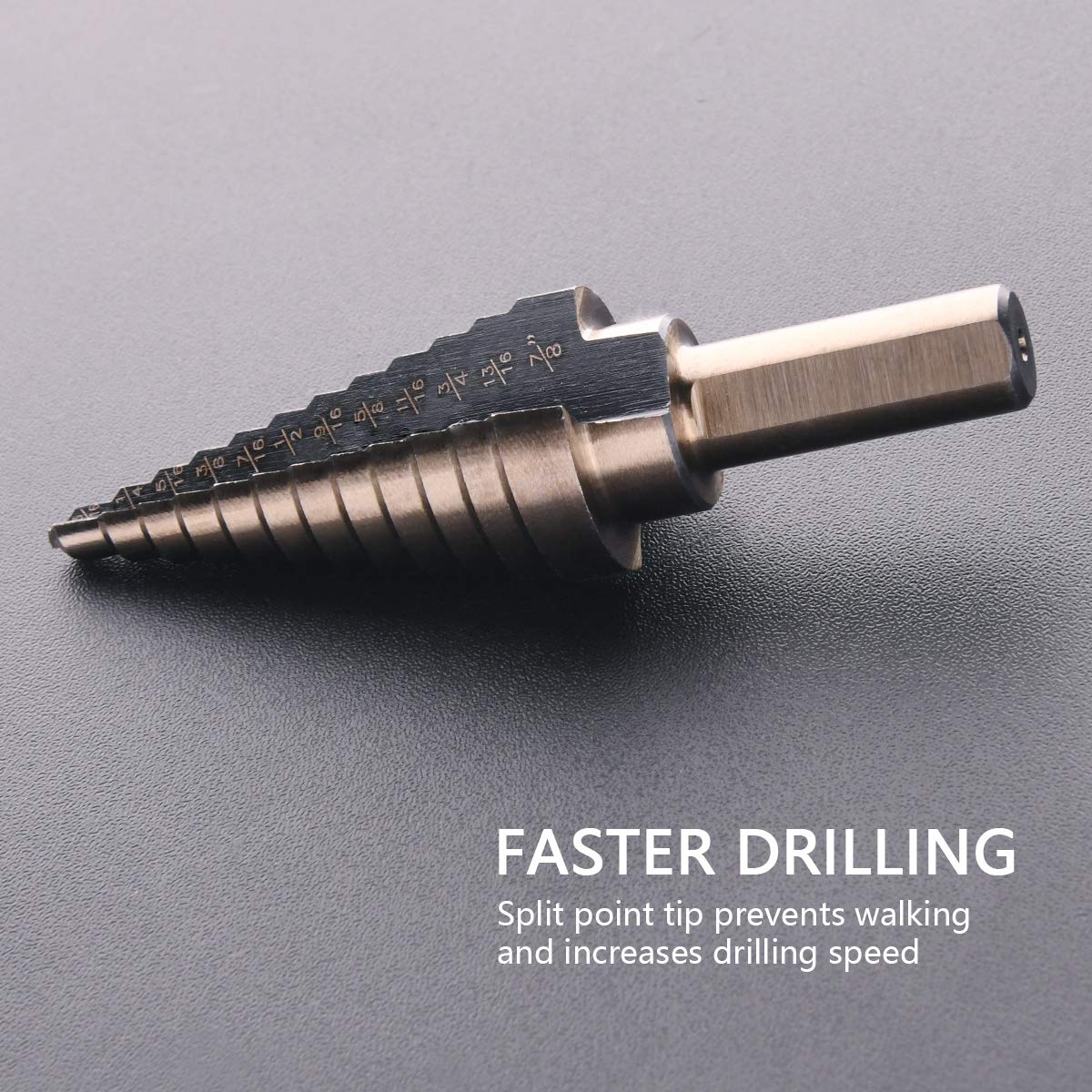 HYCLAT 5PCS Step Drill Bit Set | Titanium High-Speed Steel (HSS) Stepper Cone Drill Bit | Covering 50 Sizes(1/8''-1 3/8''), 135 Degree Point, with Aluminum Case