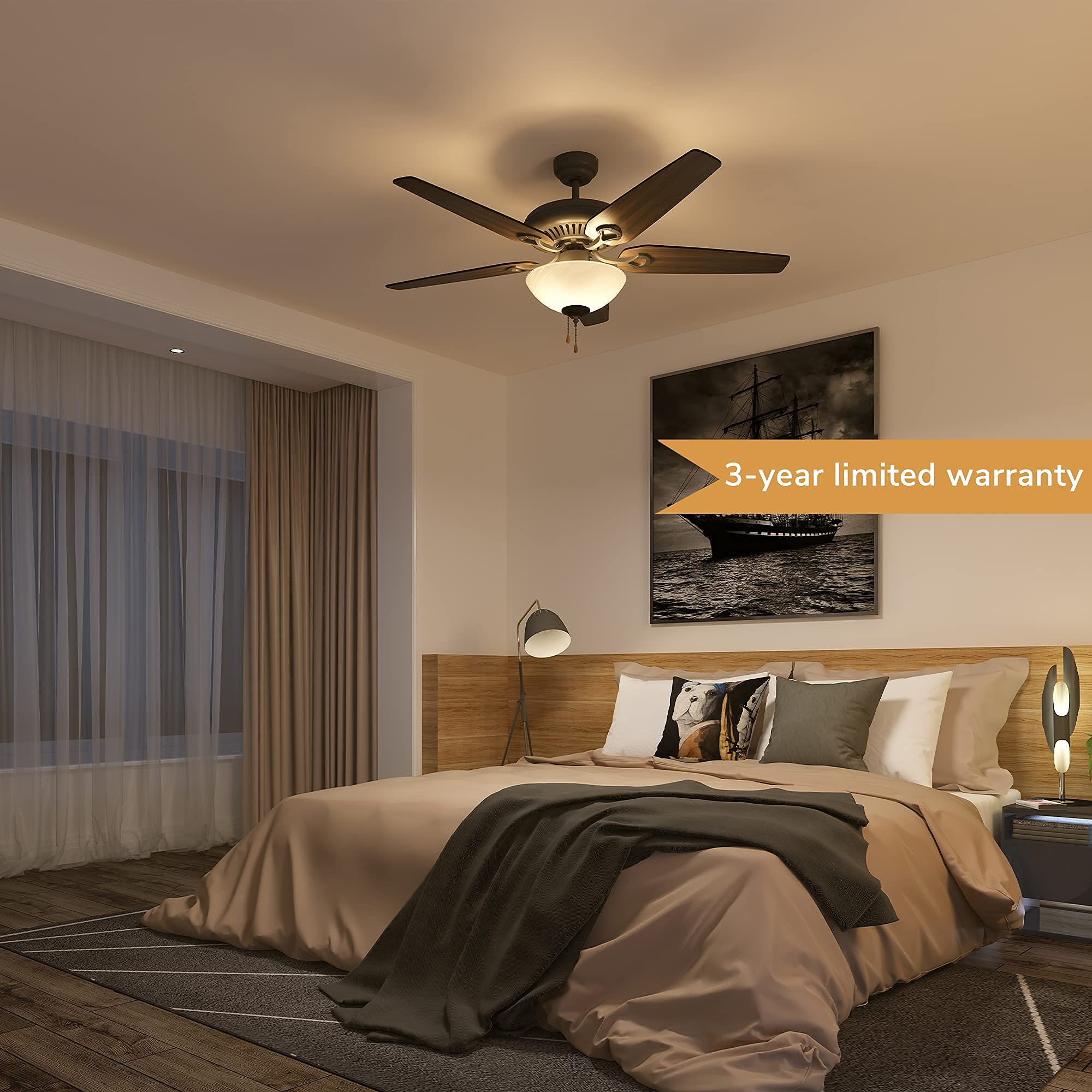 Inlight 52 Inch Indoor Ceiling Fan with 2 Lights, Home Decor Ceiling Fan with Pull Chain Control, Frosted Glass Bowl, Oil Rubber Bronze Reversible Motor Low Profile Ceiling Fan, 5 Blades, IN-0701-2-BZ