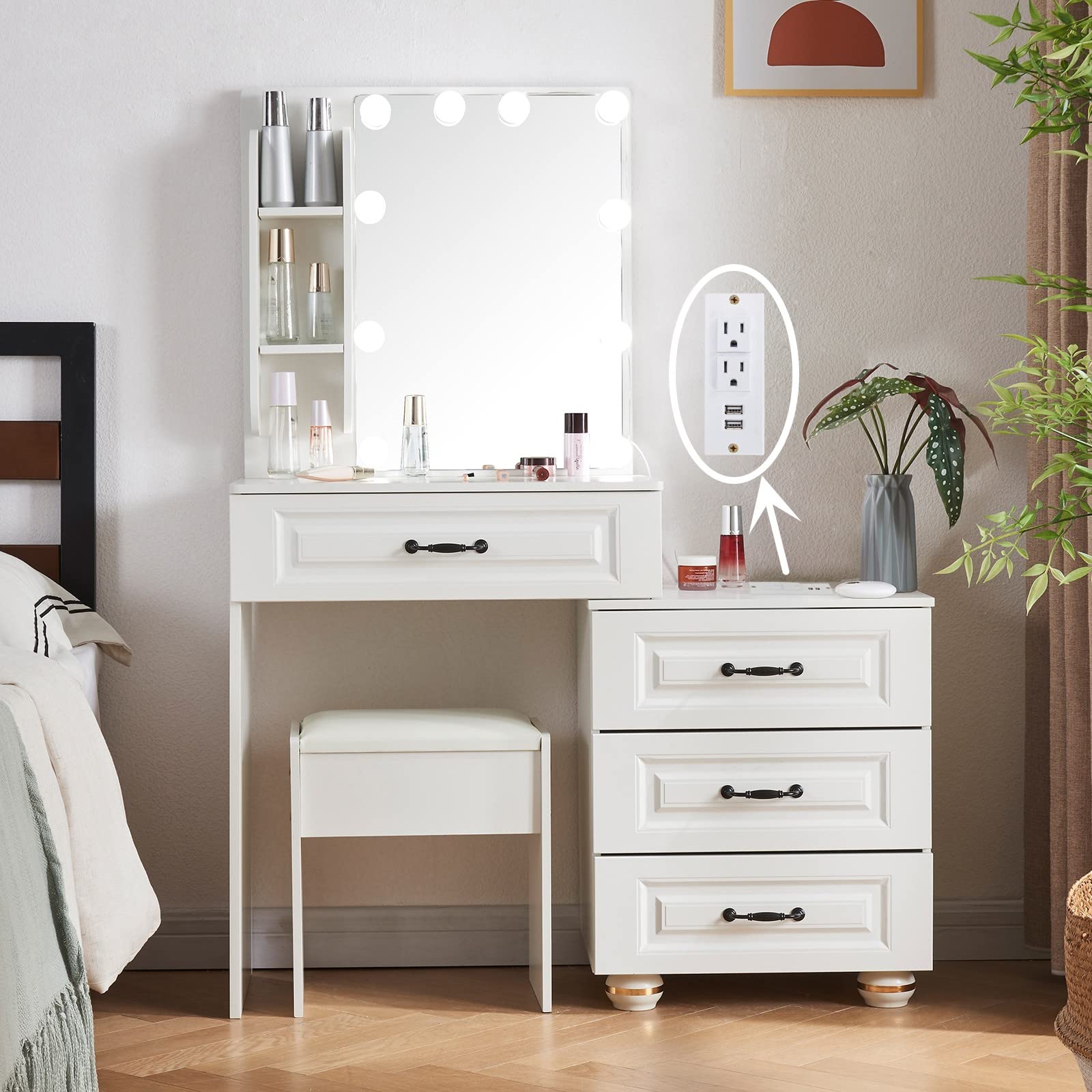 Jarbalai Makeup Vanity with 10 LED Bulbs Lighted Mirror, Modern Vanity Desk with Charging Station, White Makeup Dressing Table with 4 Drawers & Cushioned Stool Set for Bedroom