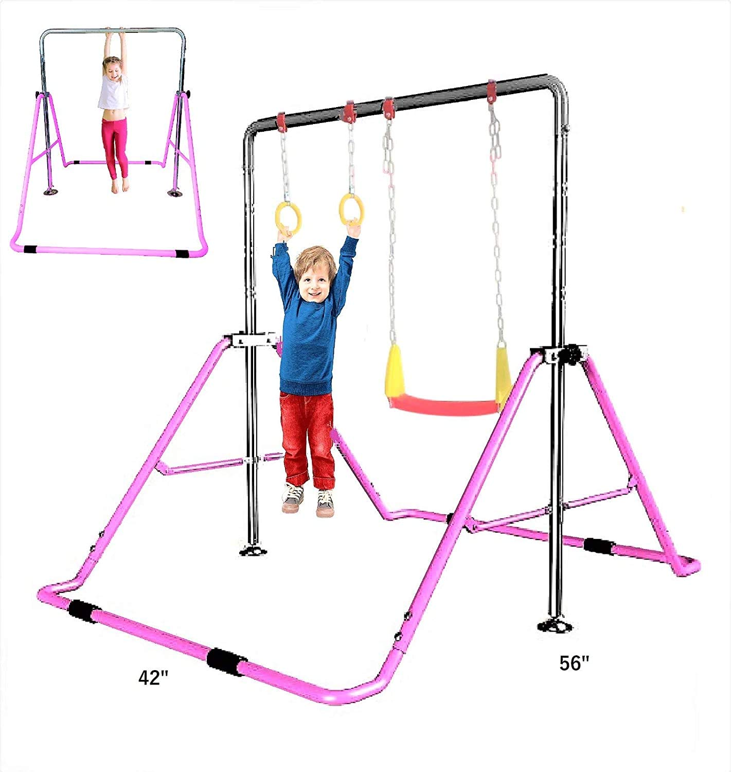 Kids Home Gymnastics Bar Jungle Gym 3 in 1 Set Deluxe Swing Seat, Trapeze Rings, Horizontal Kip Bar Height Adjustable Monkey Bar, Expandable Junior Training Gymnastic Balance Bar, Swing Set (Pink)