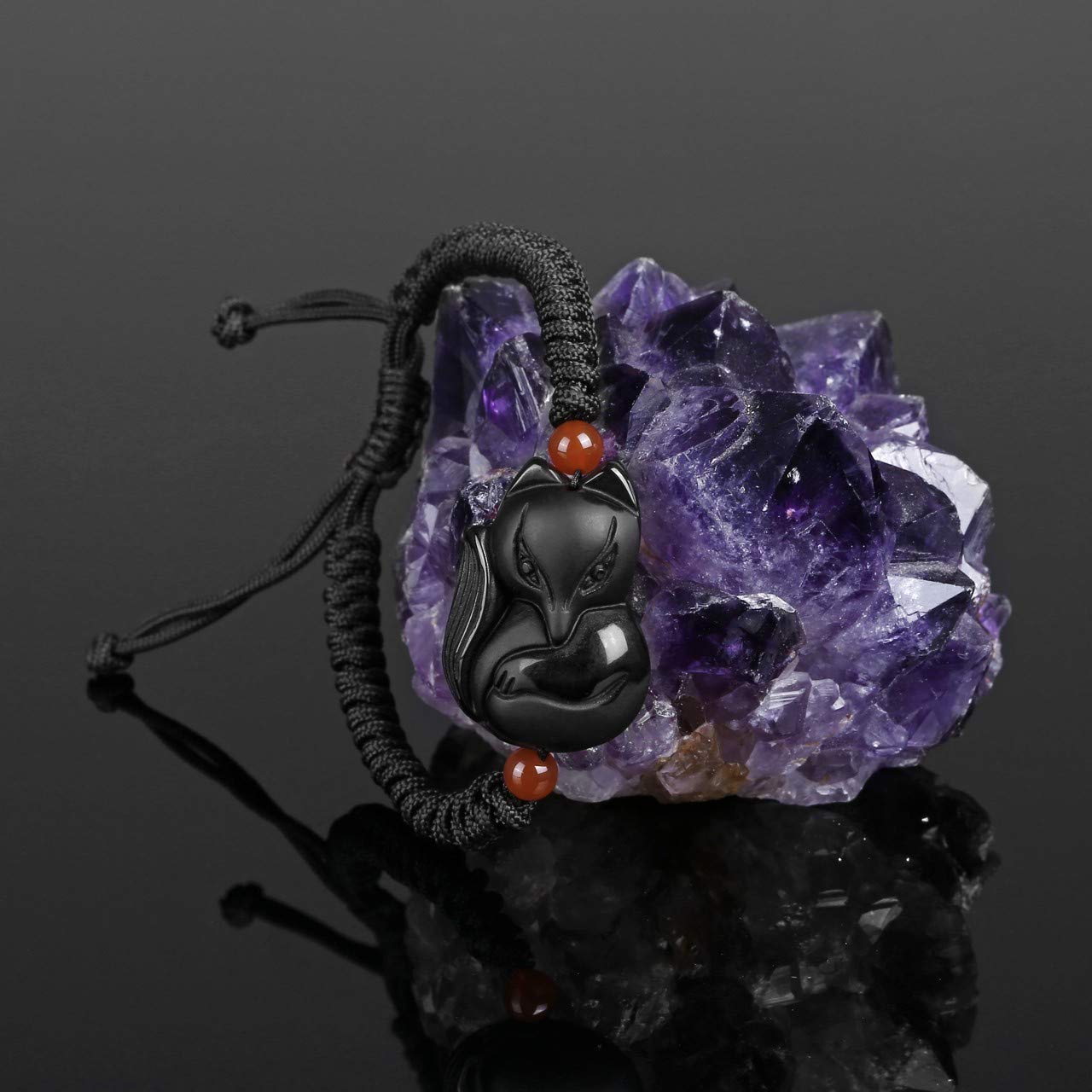 Jovivi Natural Black Obsidian Stone Gemstone Fox Crystal Bracelet Braided Rope Amulet Charm Bracelet for Wealth