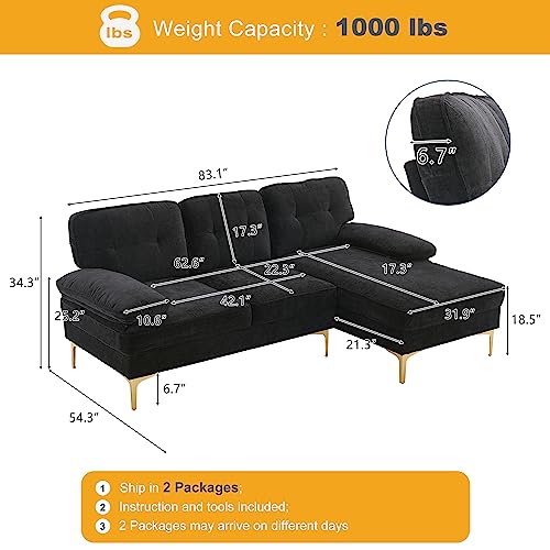 VERYKE L Shape Sectional Sofa Couch,85'' Modern Chenille Fabric Sectional Sofa with Metal Legs and Removable Cover for Living Room