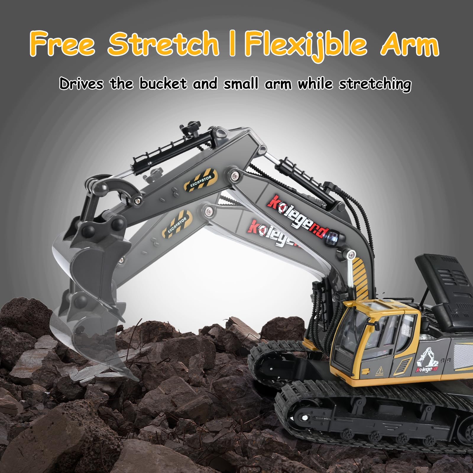 kolegend 3 in 1 Remote Control Excavator with Grab Drill Metal Shovel, 15 Channel Full Functional Construction Tractor, 1/14 Excavator Toy Truck RC Vehicles
