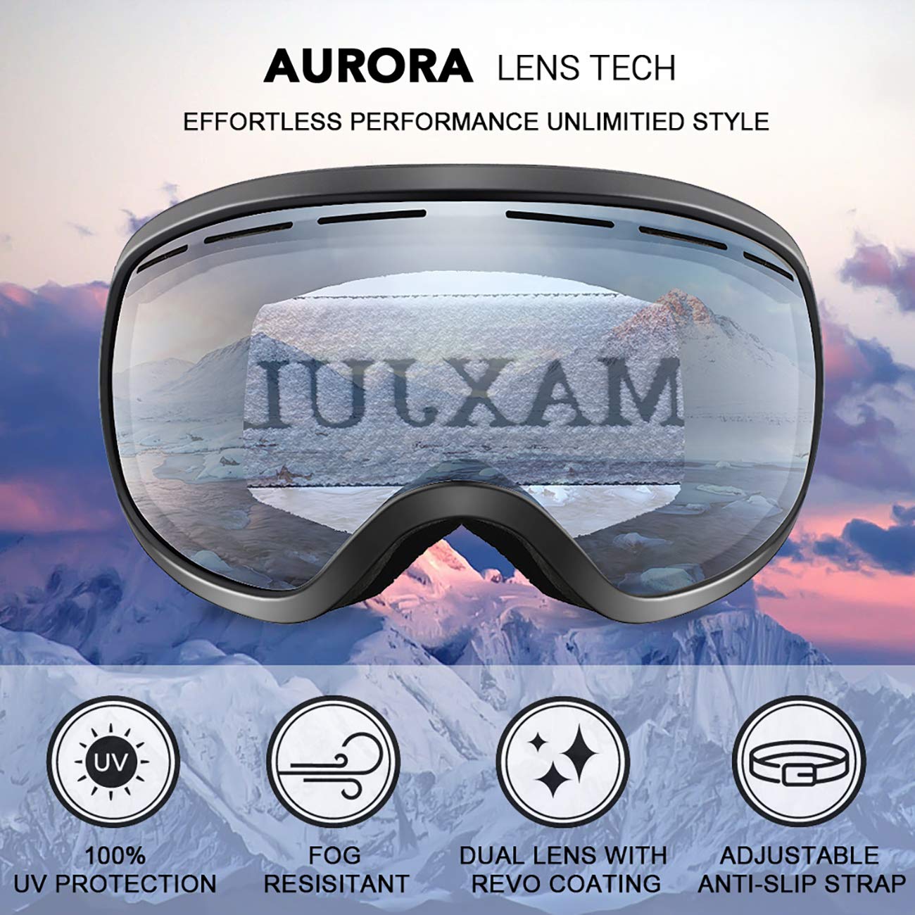 JULI Ski Goggles, Skiing Skating Snowboarding Goggles with Anti-Fog UV Protection M3(Black Frame/82% VLT Clear Len)