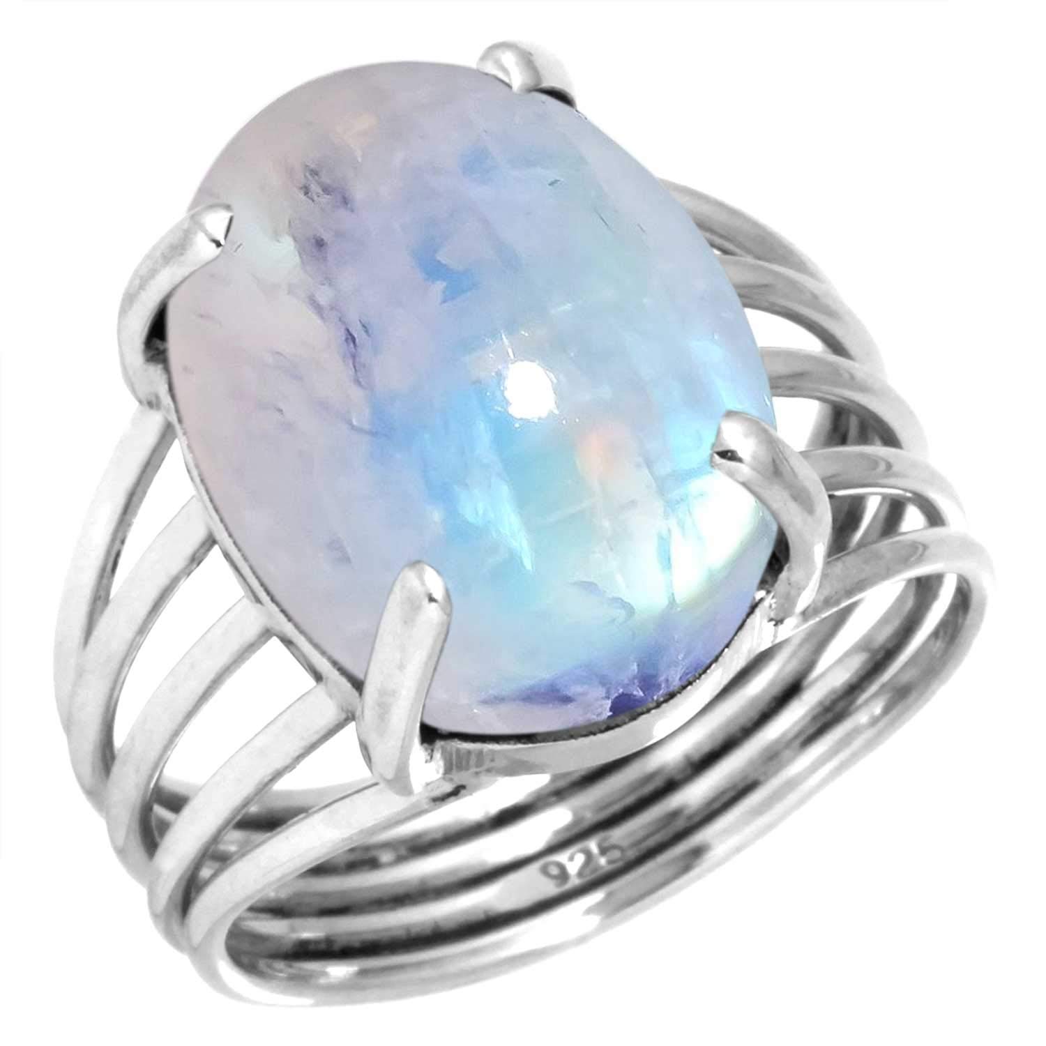 JEWELOPORIUM 925 Silver Ring for Women Size 8.5 White Natural Rainbow Moonstone Stone Vintage Silver Ring Friendship Day Gift Solitaire Jewelry