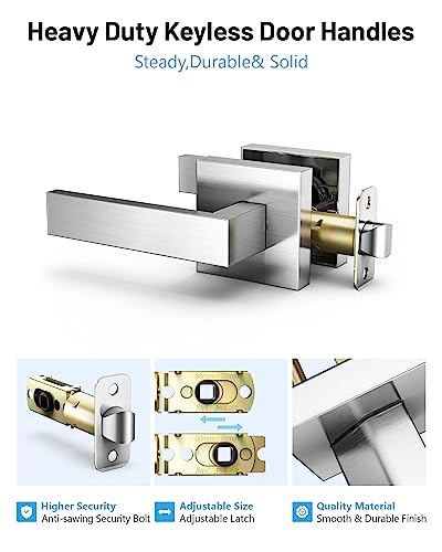 Zowill Door Handle Heavy Duty, Modern Square Door Lever, Passage Door Knobs, Reversible Interior Handles for Left Right Handled Doors for Bedroom, Bathroom and Living Room, Satin Nickel(1 Pack)