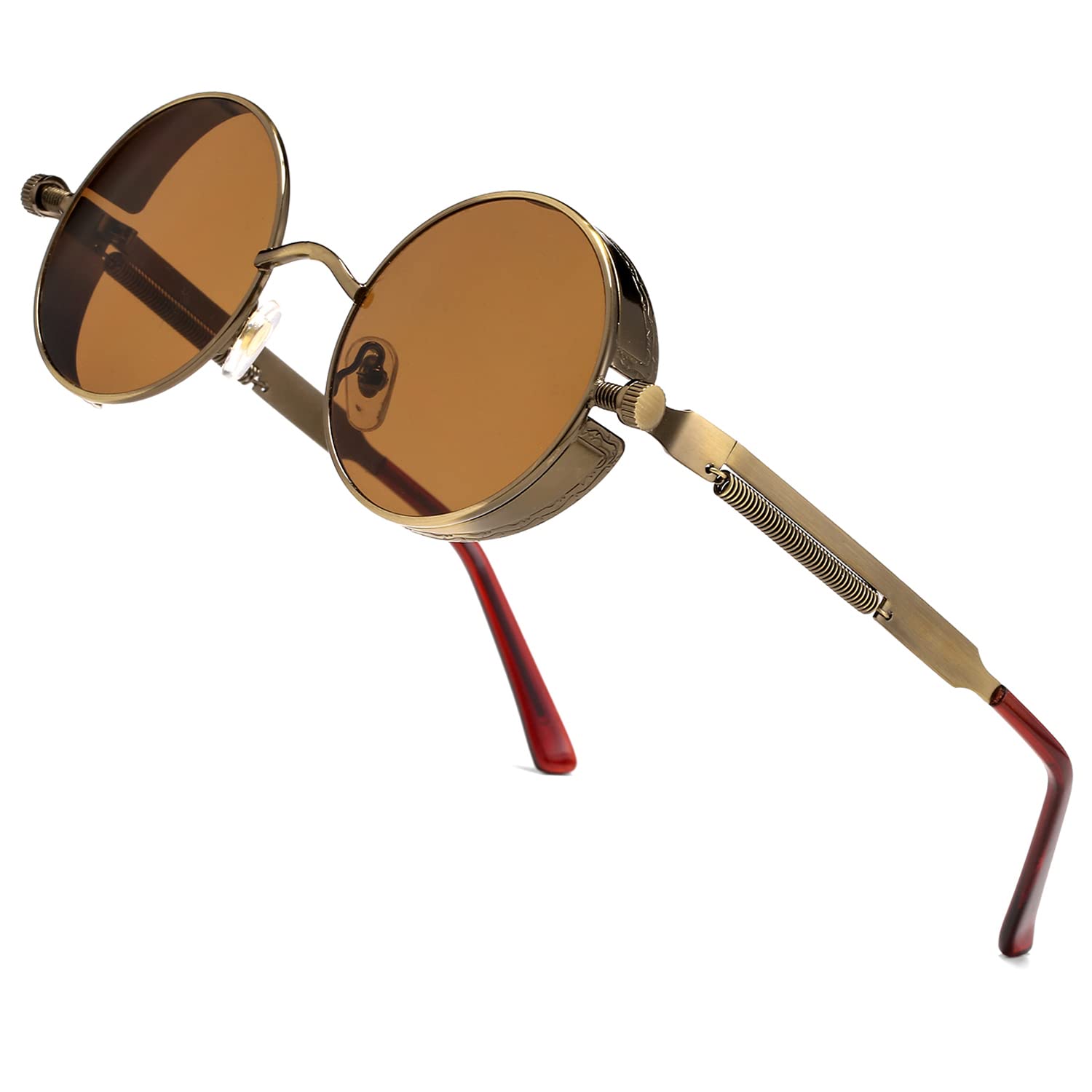 HJSTES Vintage Round Steampunk Sunglasses for Women Men Circle Gothic Glasses Retro Metal Frame(Brown Lens/Bronze Frame)