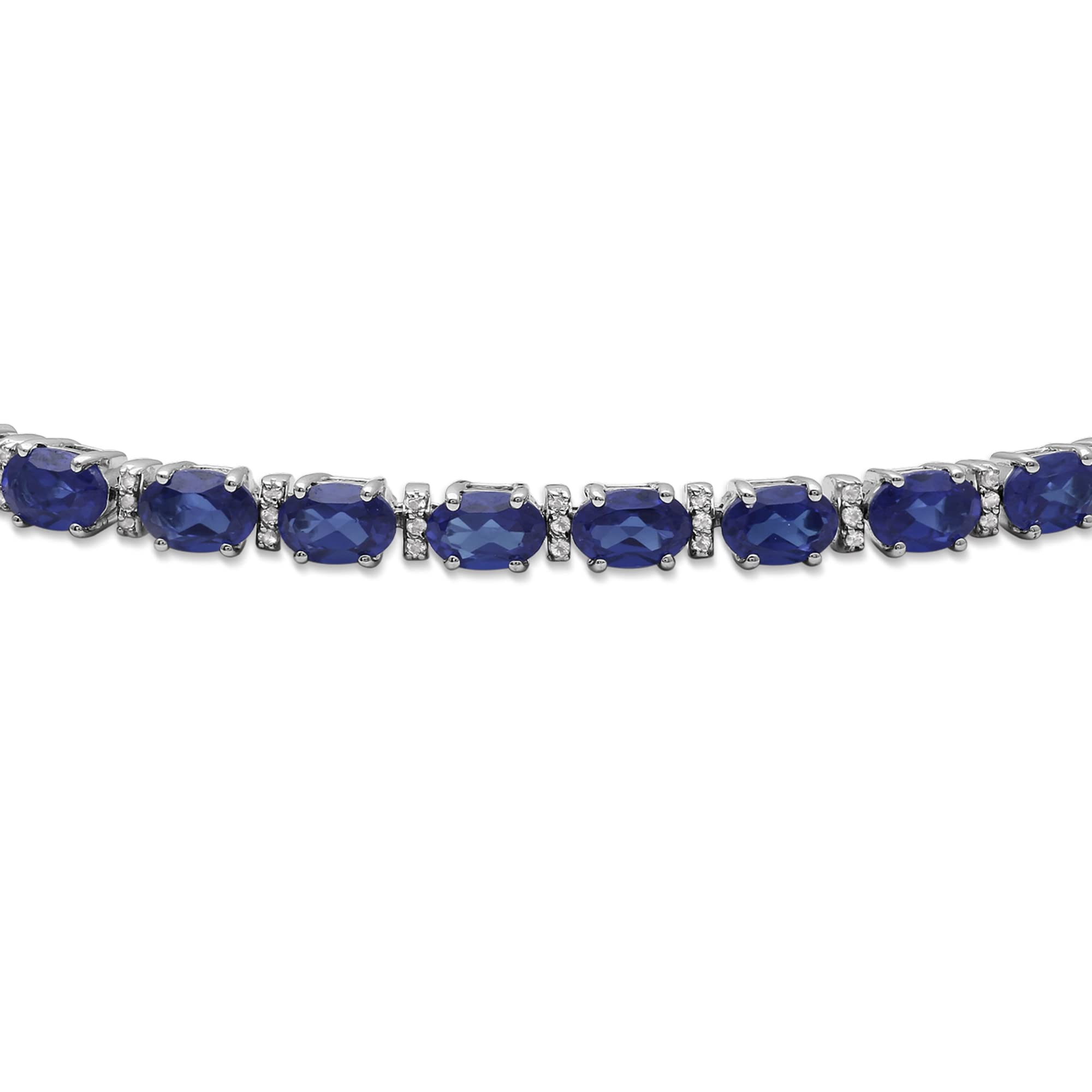 Jewelili Sterling Silver 6x4mm Oval Created Ceylon Sapphire and Round White Topaz Bolo Bracelet, 9.5"